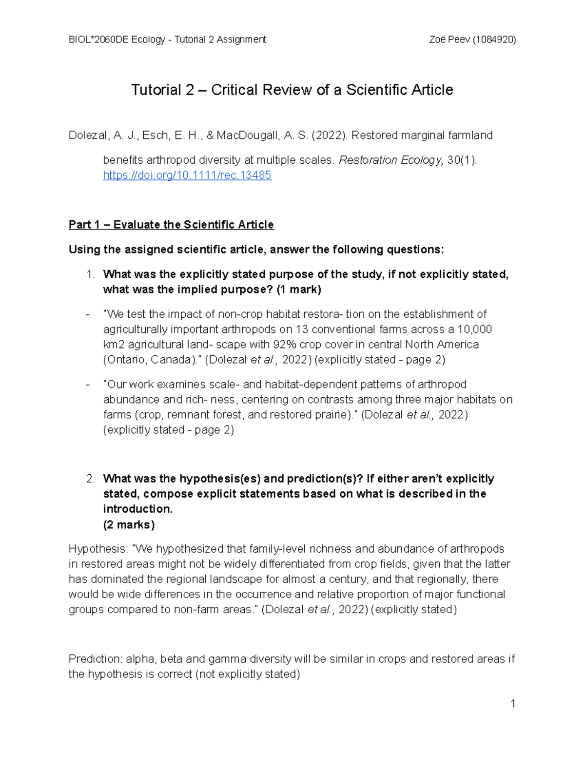 Tutorial 2-Assignment - Tutorial 2 – Critical Review of a Scientific Article Dolezal, A. J ...