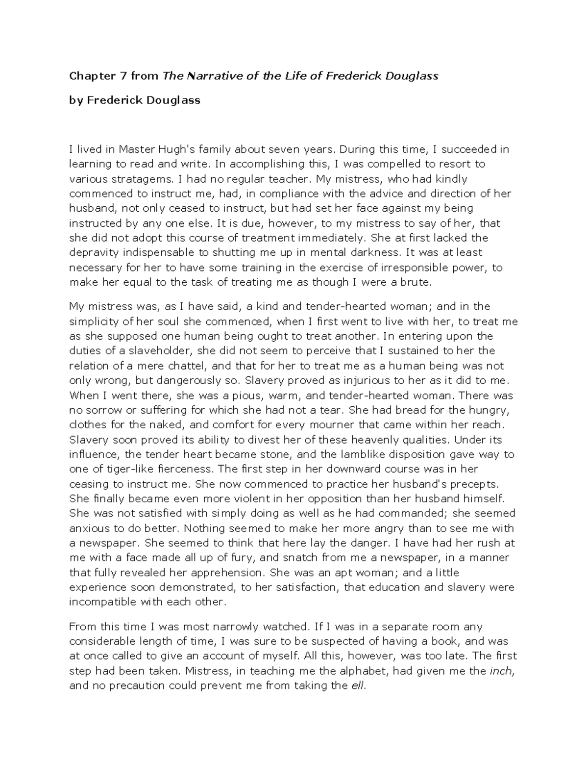 Douglass, Frederick, Learning to Read and Write - Chapter 7 from The ...