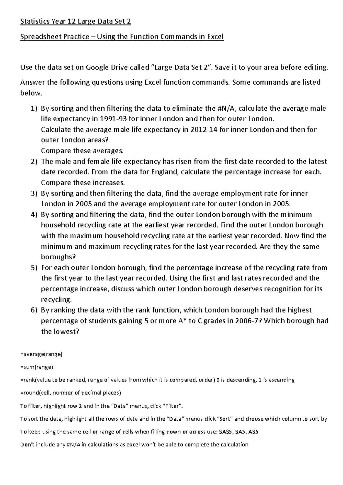 LDS 2 practice worksheet 1 Using Excel Functions - Statistics Year 12 ...