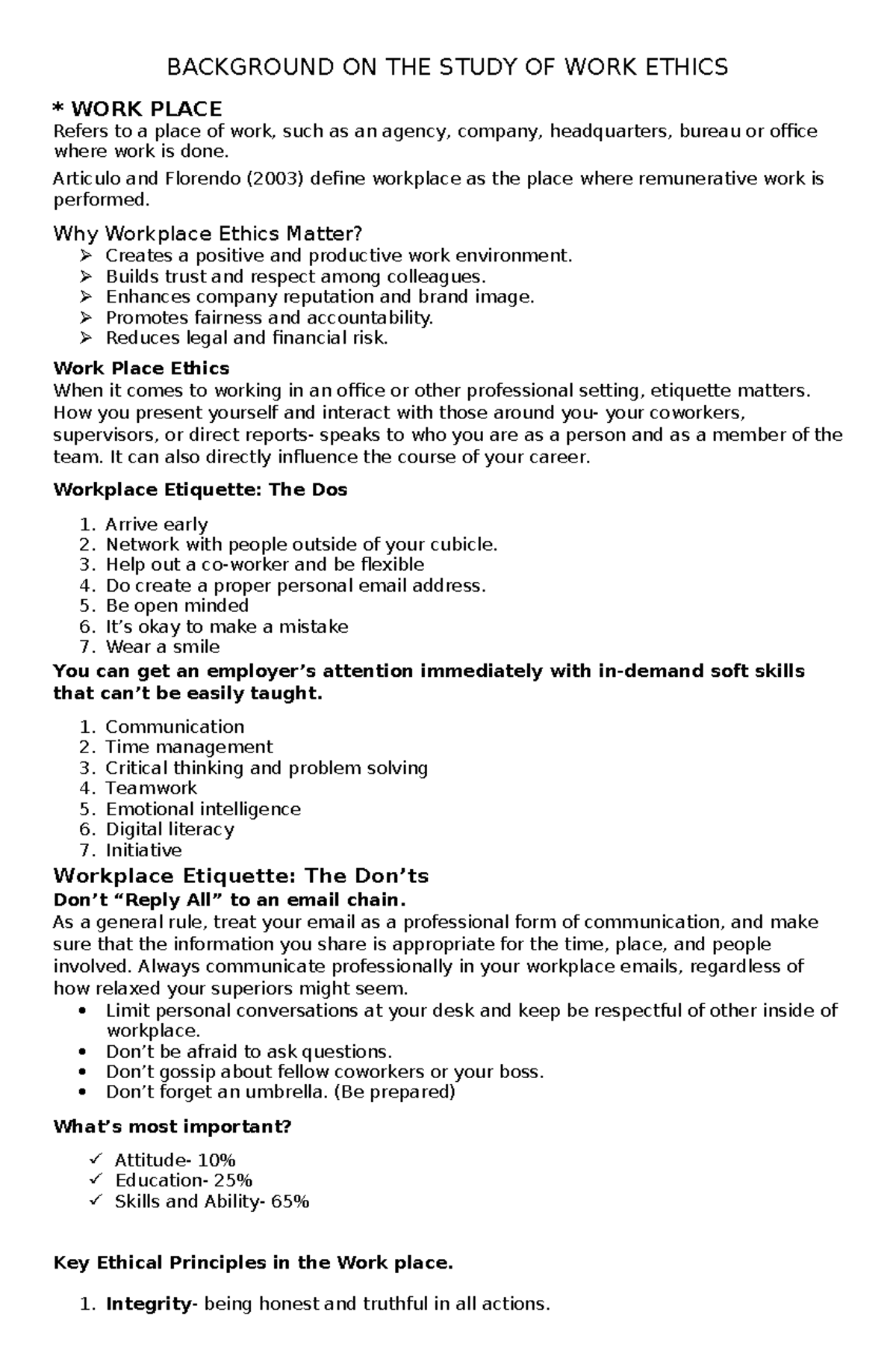 BACKGROUND ON THE STUDY OF WORK ETHICS * WORK PLACE and WORD ETHICS ...