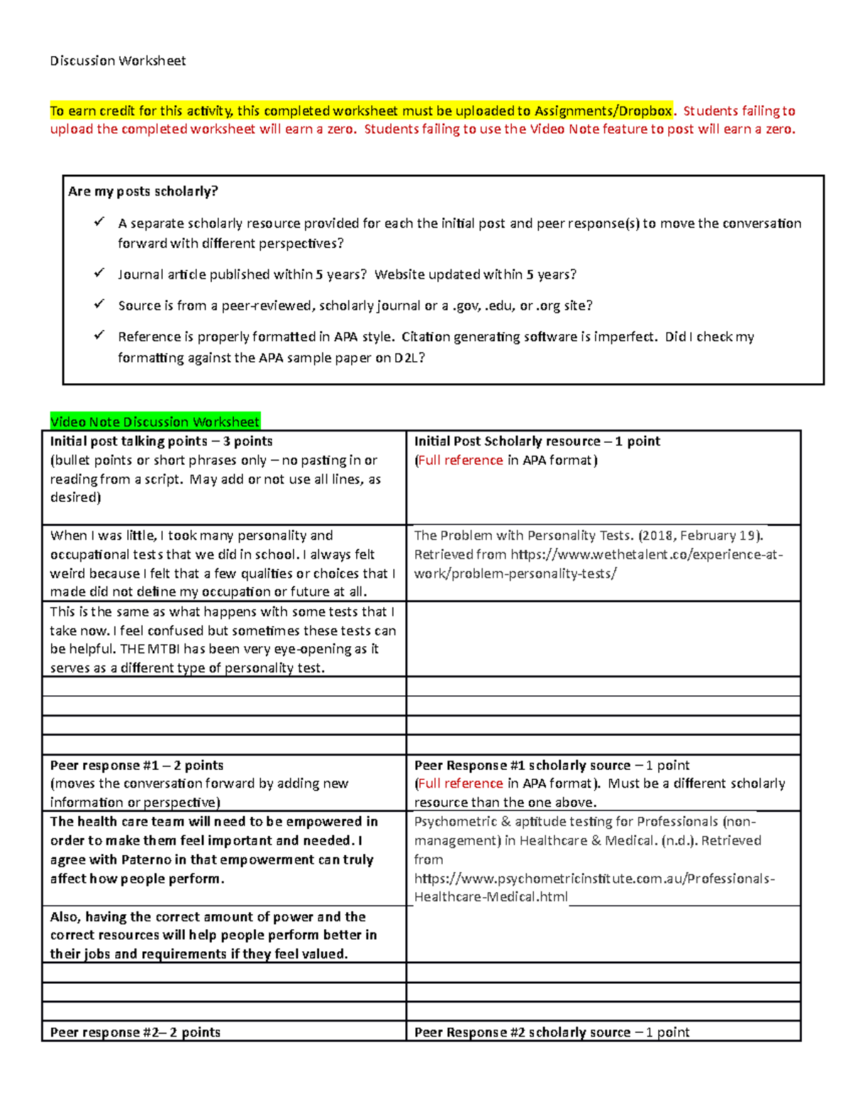 306 Discussion Worksheet 6 - Discussion Worksheet To earn credit for ...