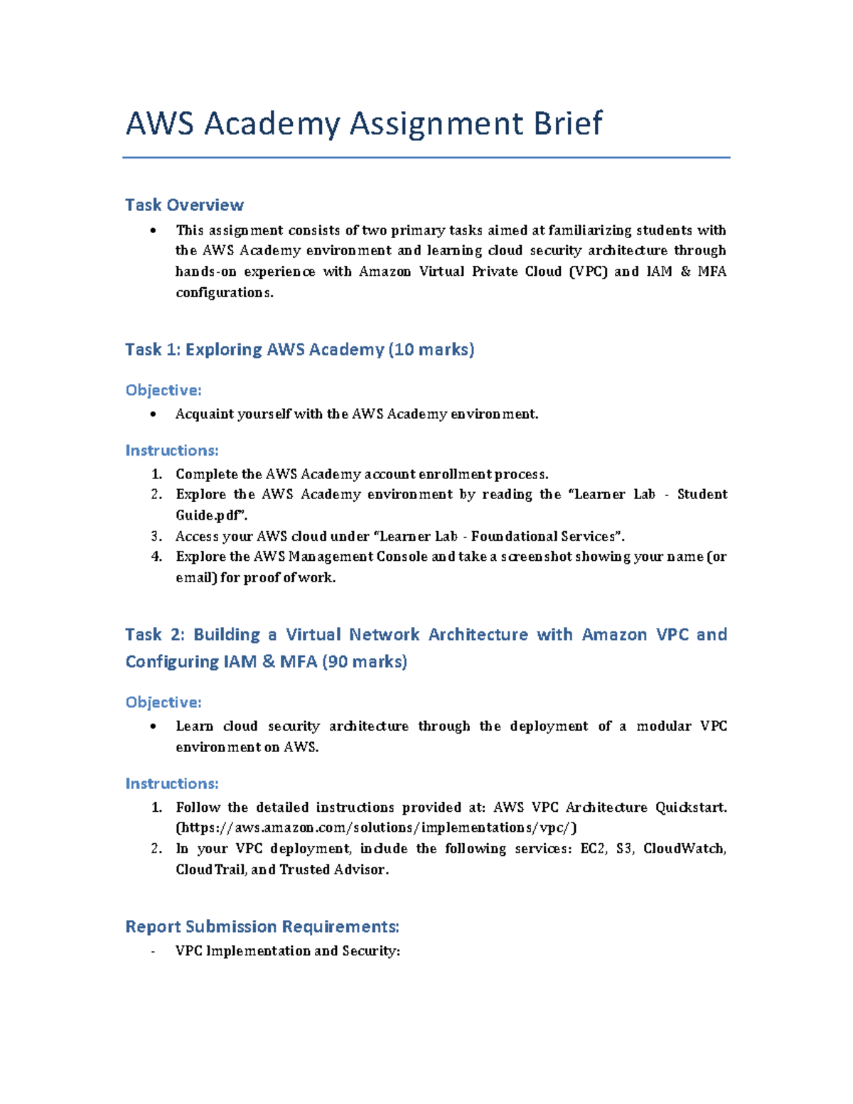 Project 1 AWS Academy Assignment Brief - AWS Academy Assignment Brief Task Overview • This - Studocu