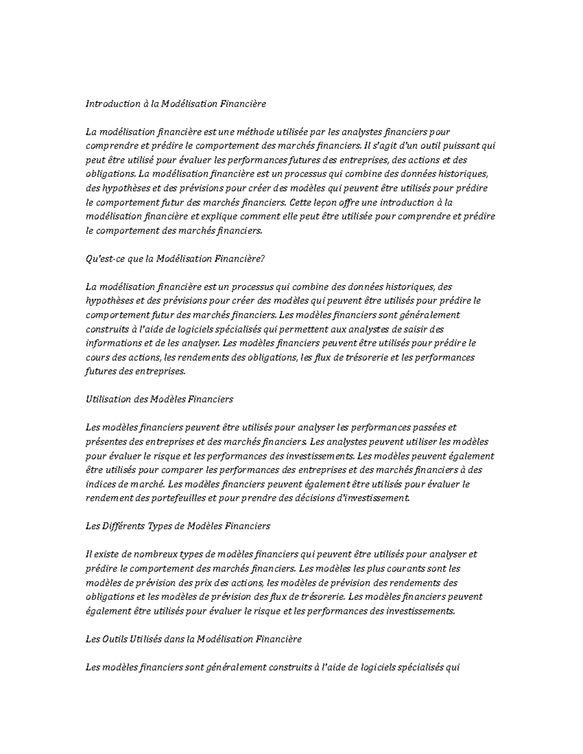 Financial Modeling note study - Introduction à la Modélisation ...