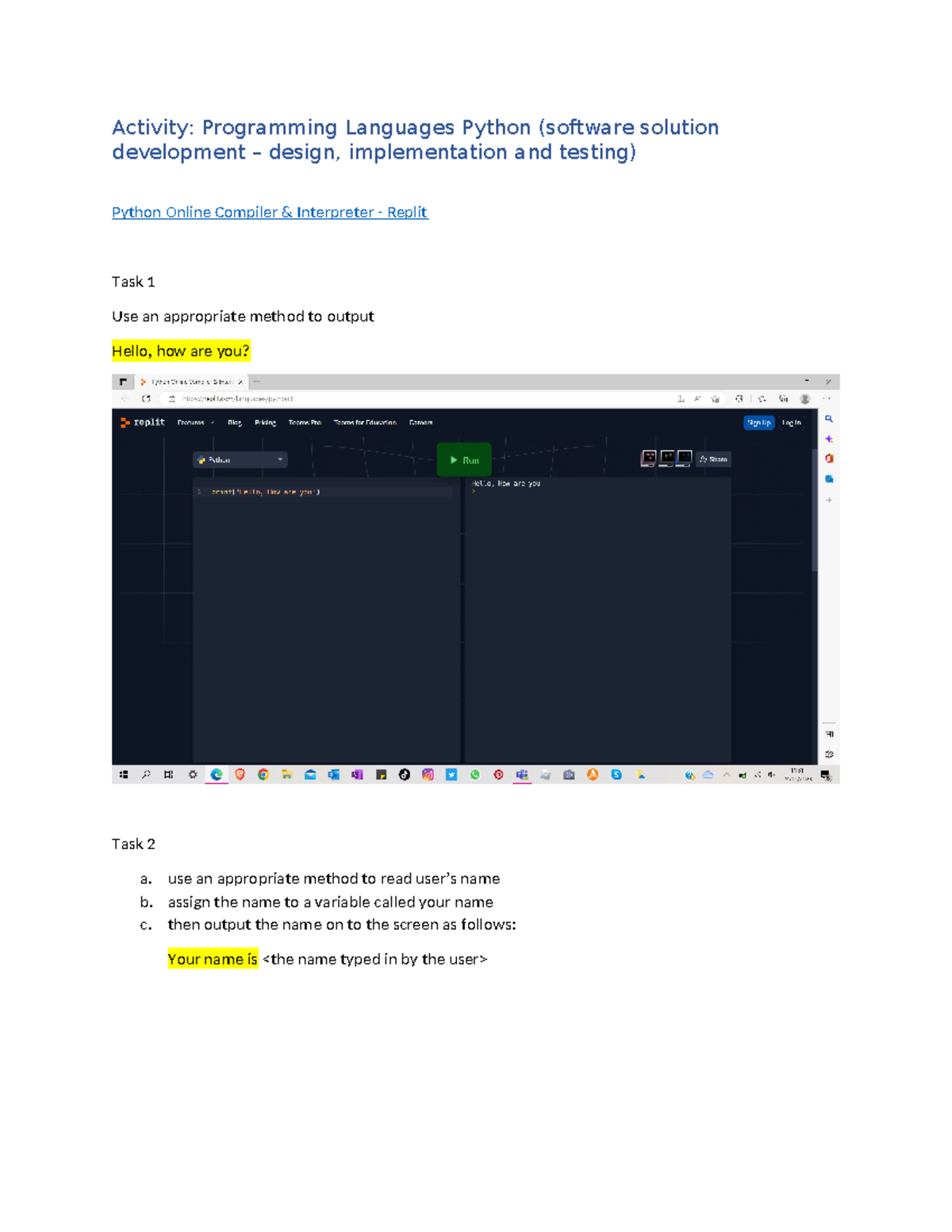 Tasks - fgghyrbgtvfeqdcfvrgbhnjmku,il.o; - Activity: Programming Languages Python (software ...