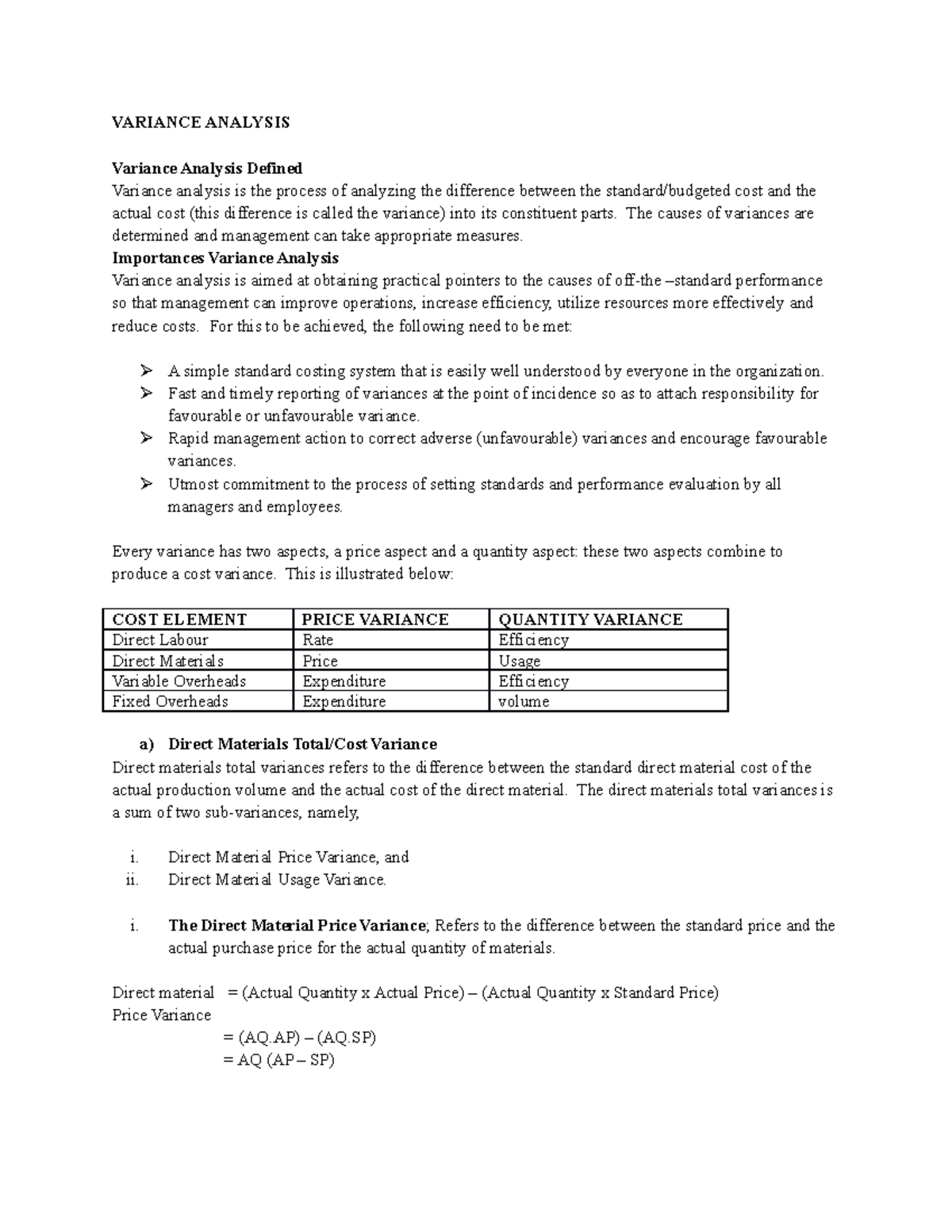 Variance Analysis - Accounting notes - VARIANCE ANALYSIS Variance ...