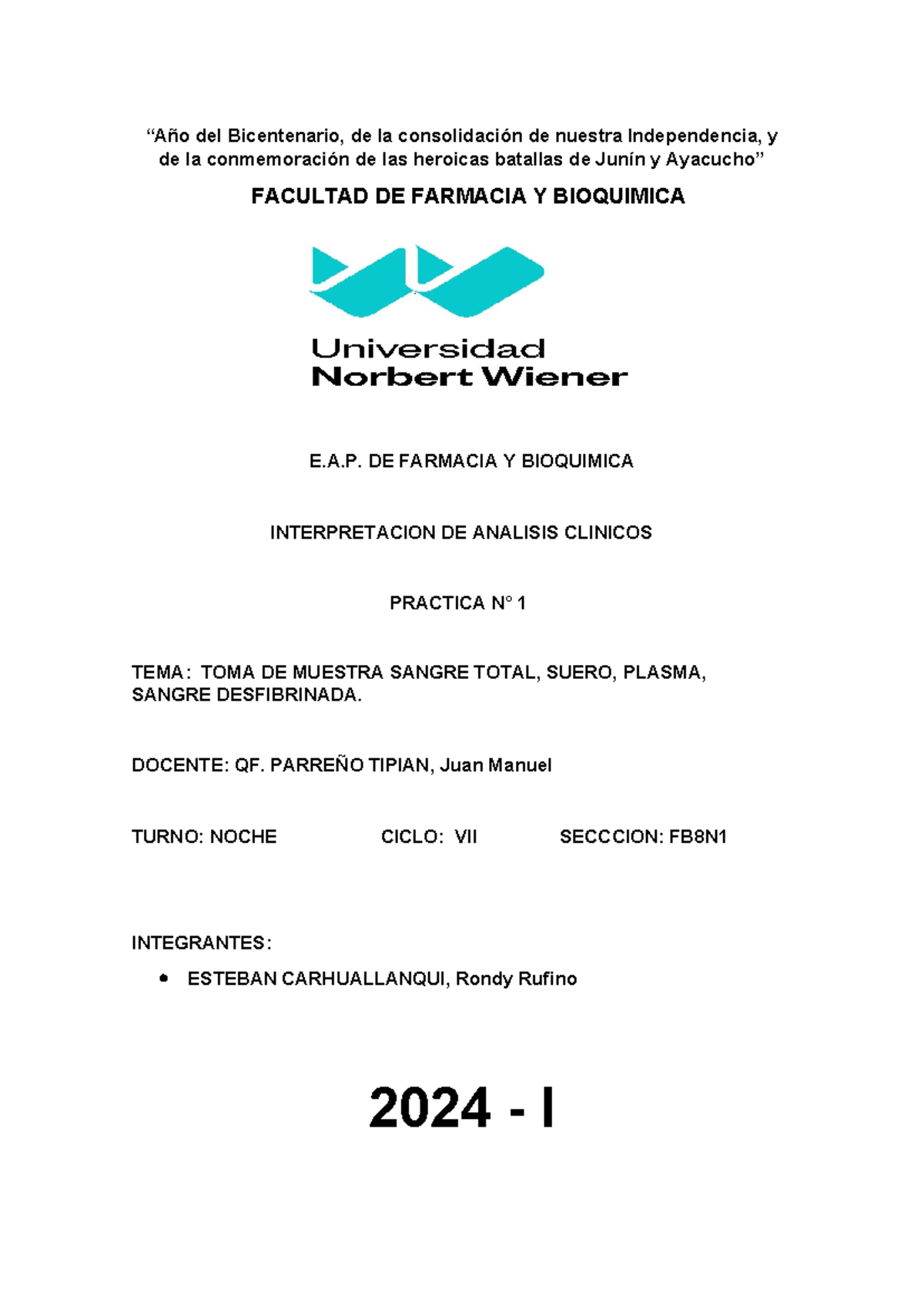 TOMA DE Muestra Sangre Total, Suero, Plasma, Sangre Desfibrinada - “Año ...
