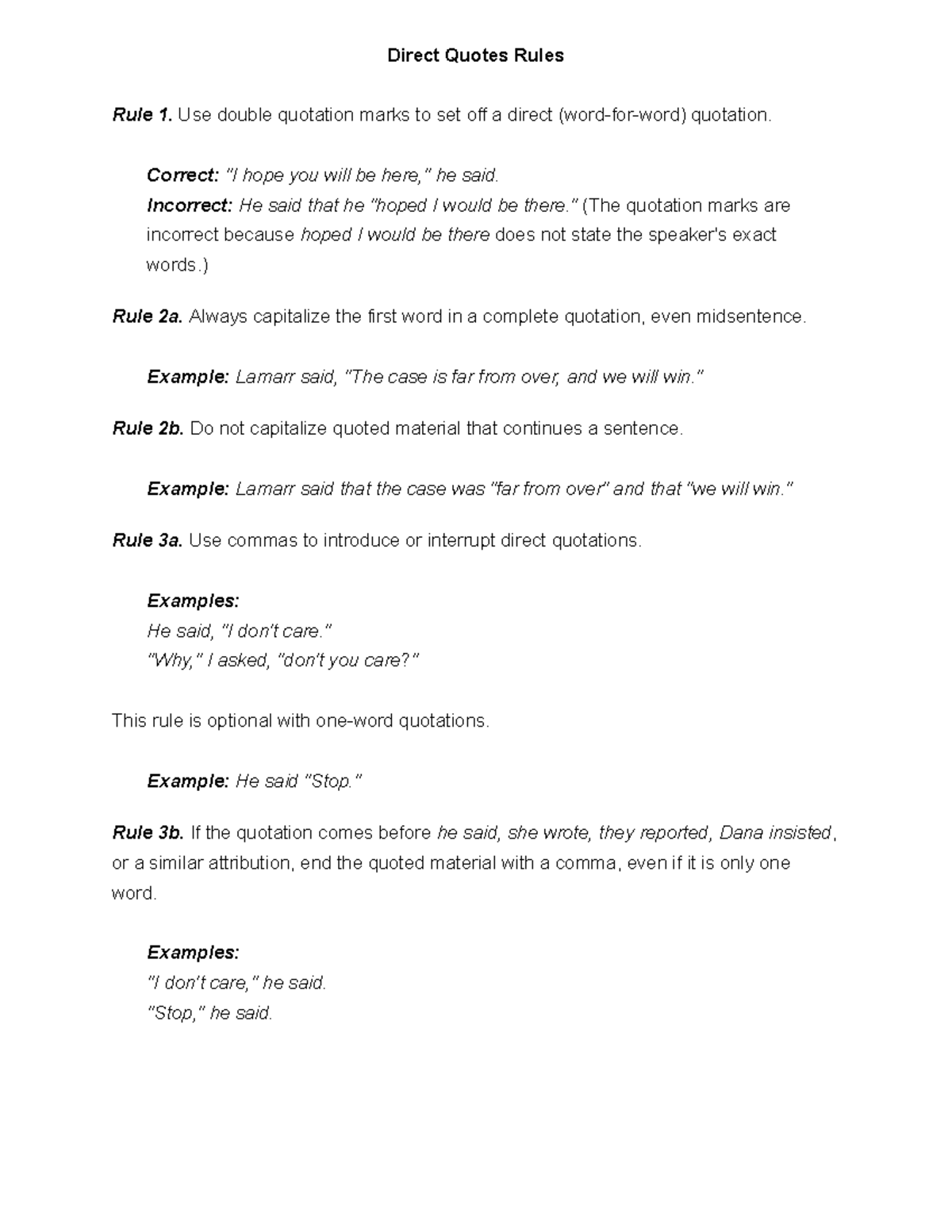 Direct-Quotes-Rules - dIRECT QUOTES - Direct Quotes Rules Rule 1. Use ...