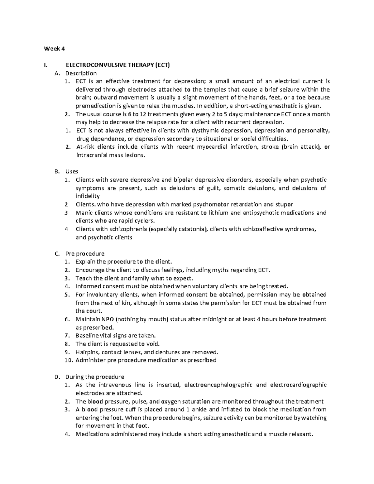 Week 4 Electroconvulsive Therapy - Week 4 I. ELECTROCONVULSIVE THERAPY ...