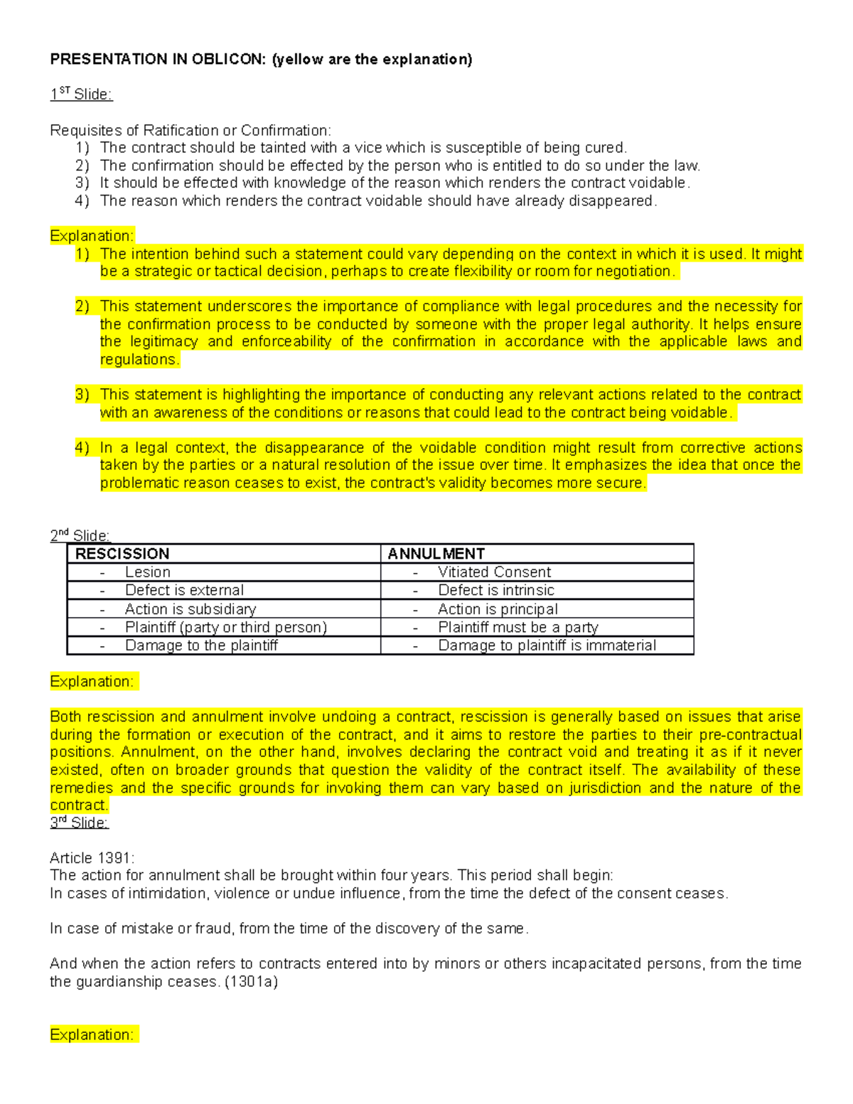 Reporting (Contracts) - PRESENTATION IN OBLICON: (yellow are the ...
