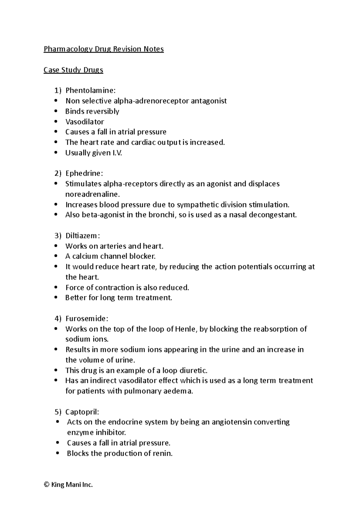 Summary - Drug revision - Pharmacology Drug Revision Notes Case Study ...