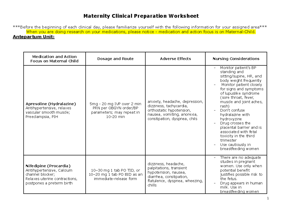 2021 Maternity Clinical Preparation Worksheet - Maternity Clinical ...