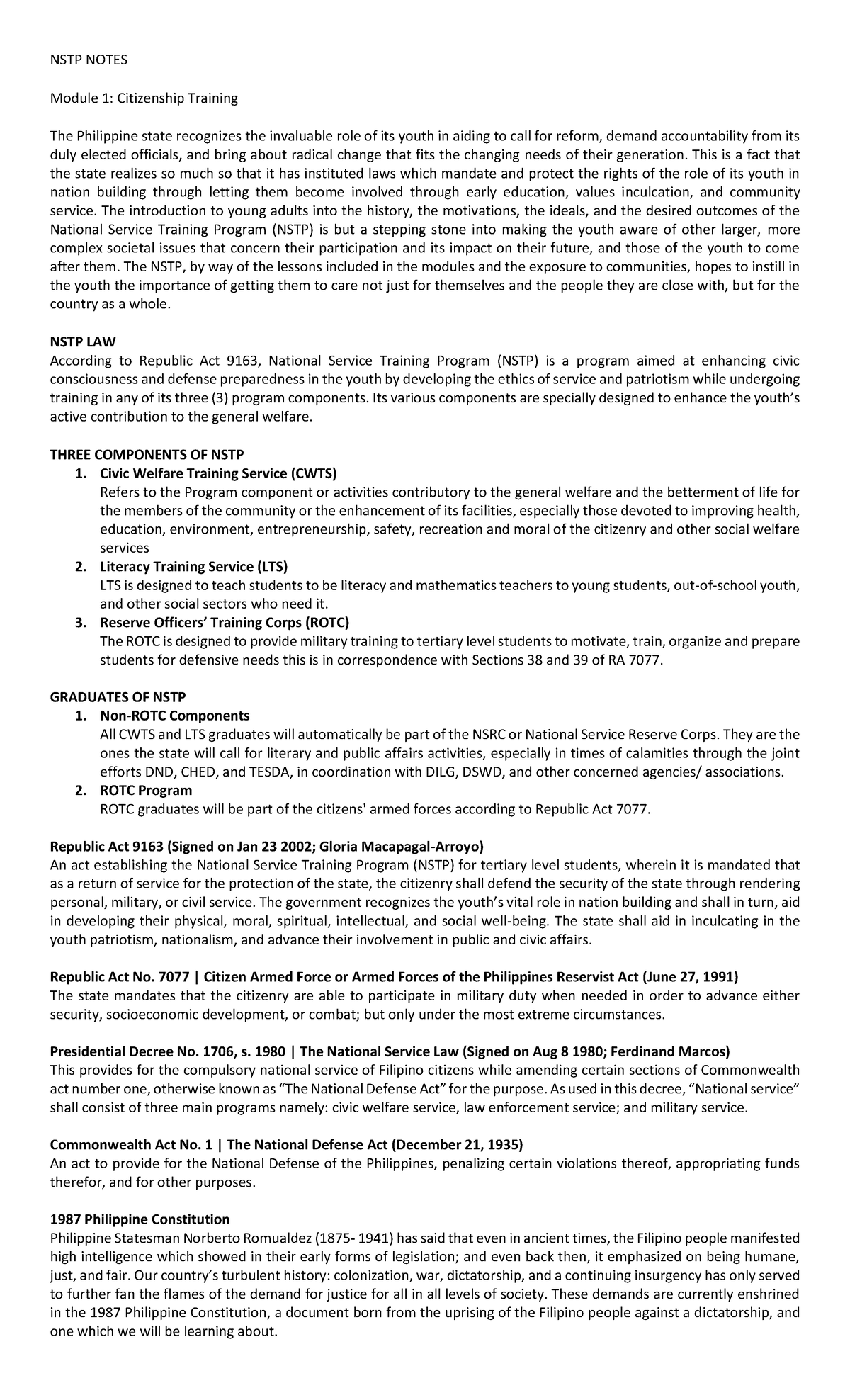 NSTP Notes - NSTP NOTES Module 1: Citizenship Training The Philippine ...