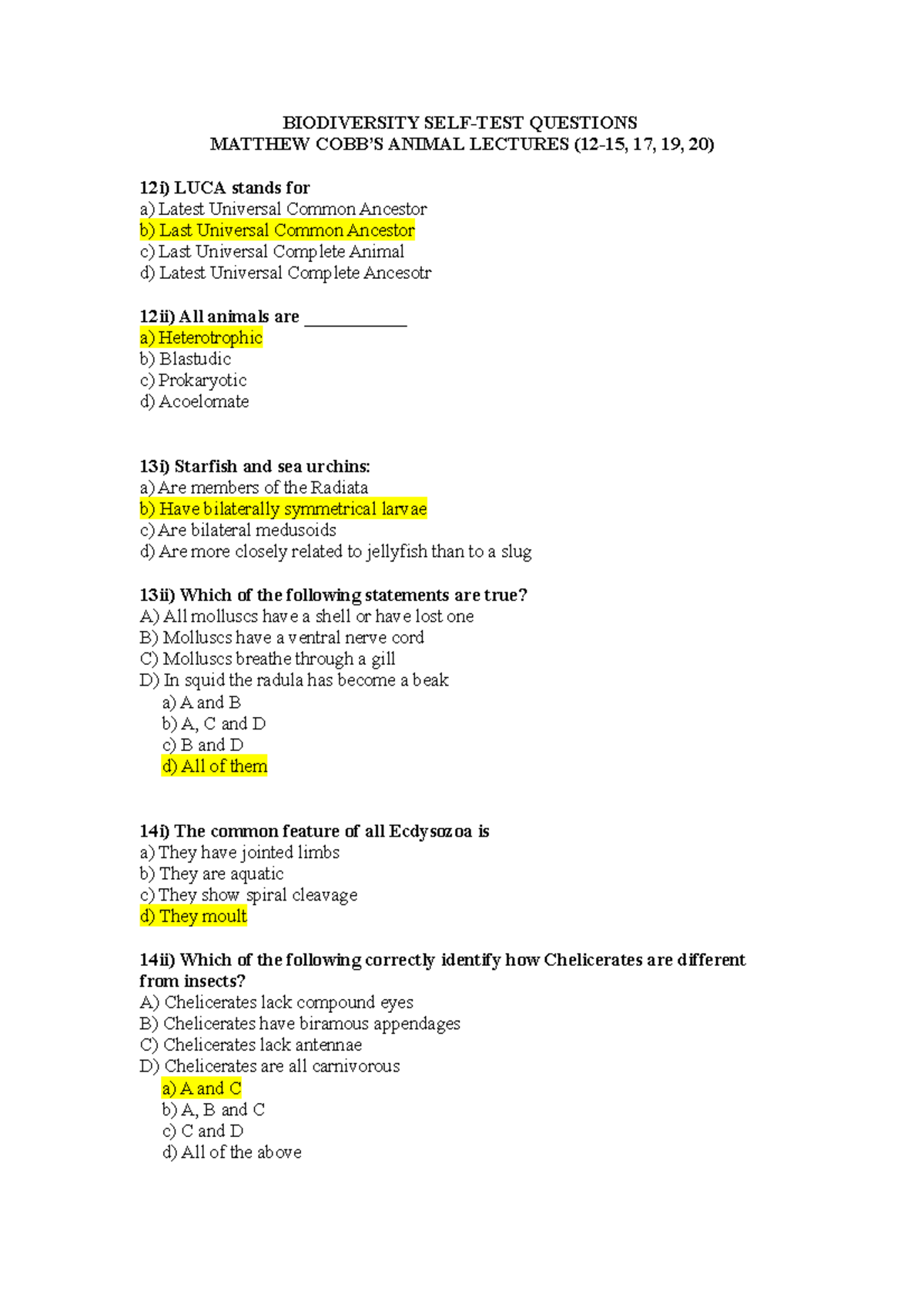 2022 Self Test Questions for Matthew Cobb Lectures - BIODIVERSITY SELF ...