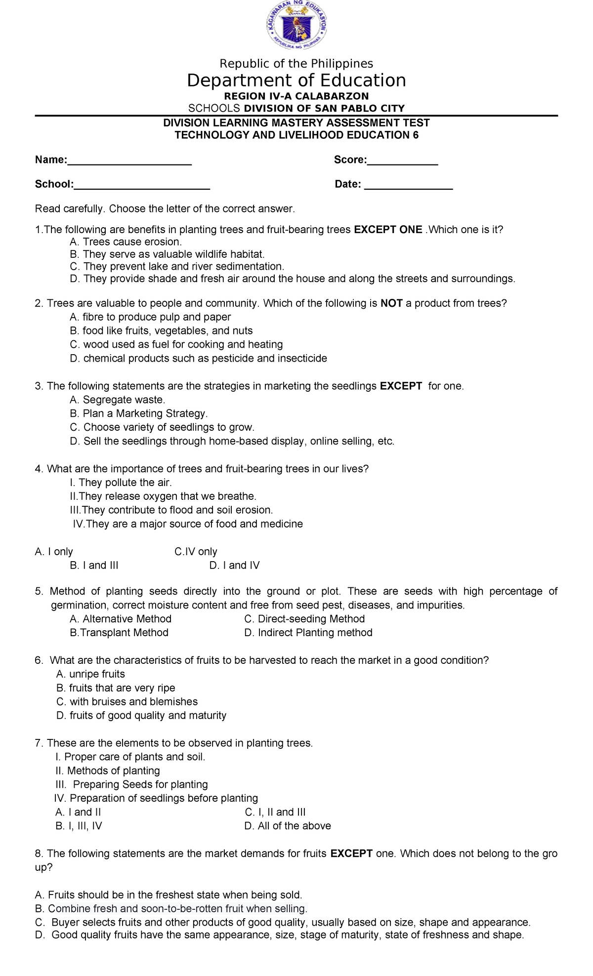 DLMA TEST EPP 6 - TEST - Republic of the Philippines Department of ...