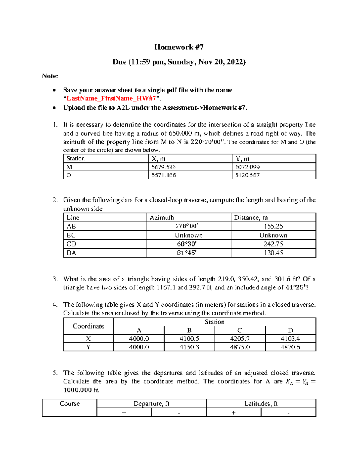 Homework #7 - Homework Due (11:59 pm, Sunday, Nov 20, 2022) Note: Save ...