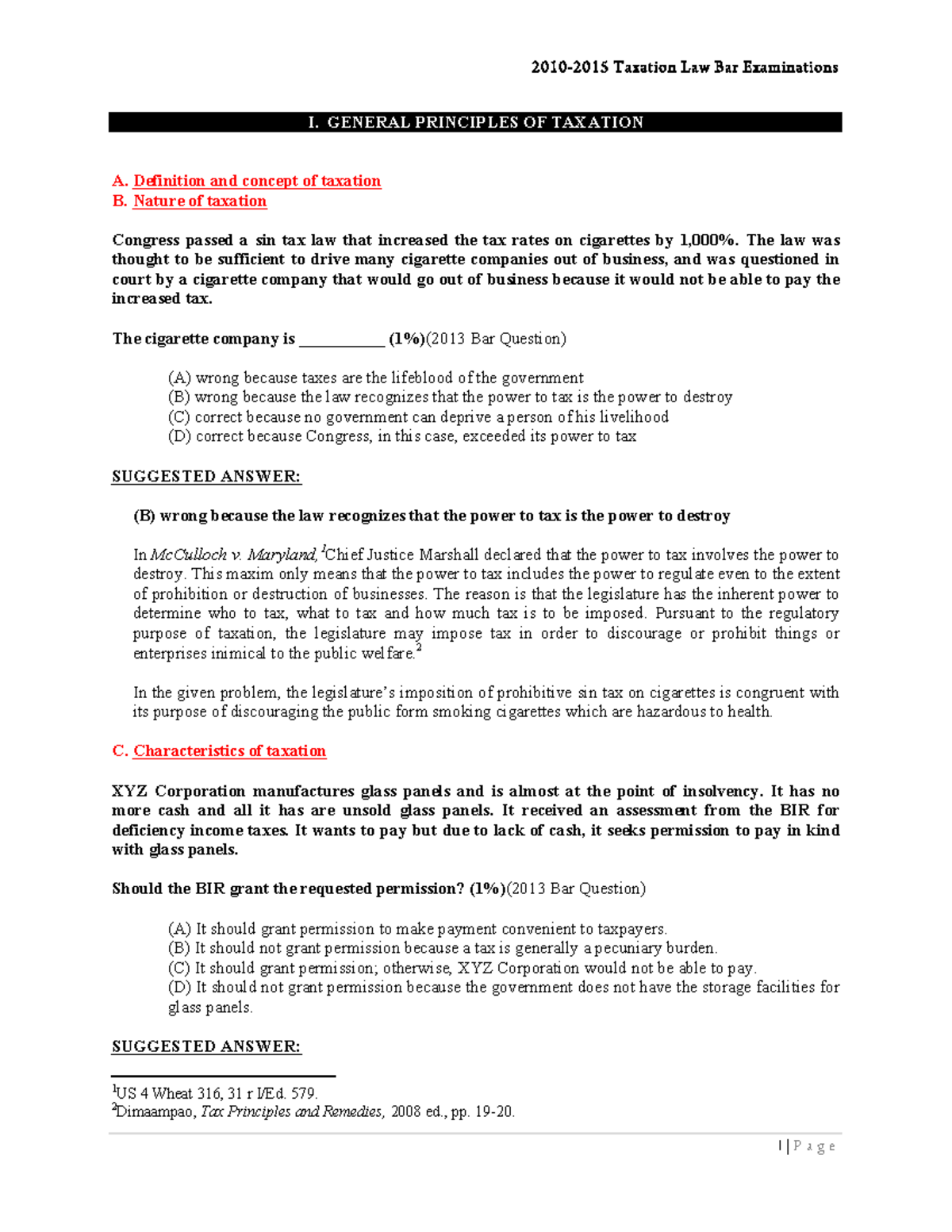 2010-2015 TAX BAR Based ON THE 2015 BAR Syllabus - I. GENERAL ...