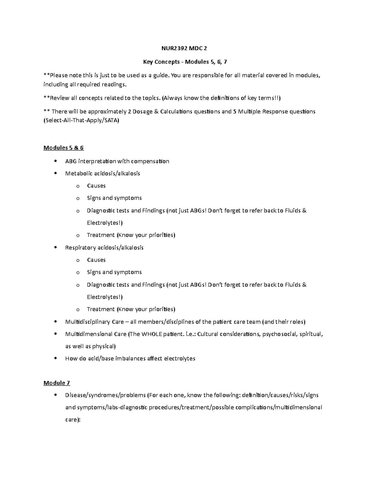 Key Concepts Modules 5-7 - NUR2392 MDC 2 Key Concepts - Modules 5, 6, 7 ...