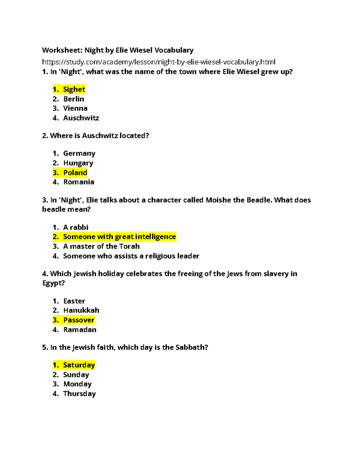 Night Vocabulary Worksheet - Worksheet: Night by Elie Wiesel Vocabulary ...