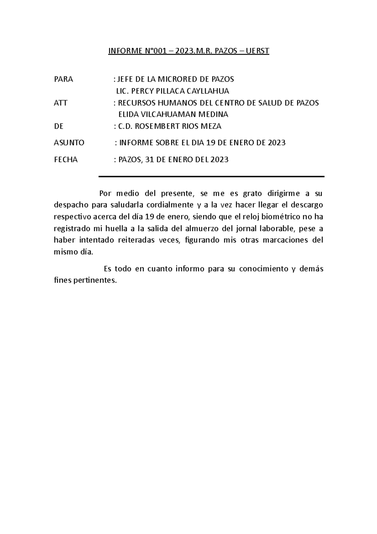 Informe DE NO Haber Marcado - INFORME N°001 – 2023.M. PAZOS – UERST PARA : JEFE DE LA MICRORED ...