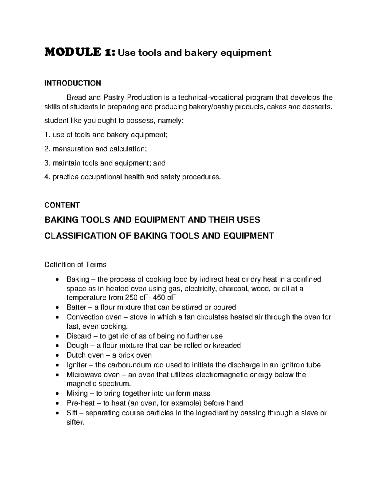 HE 12 Bread and Pastry Module - MODULE 1 : Use tools and bakery ...