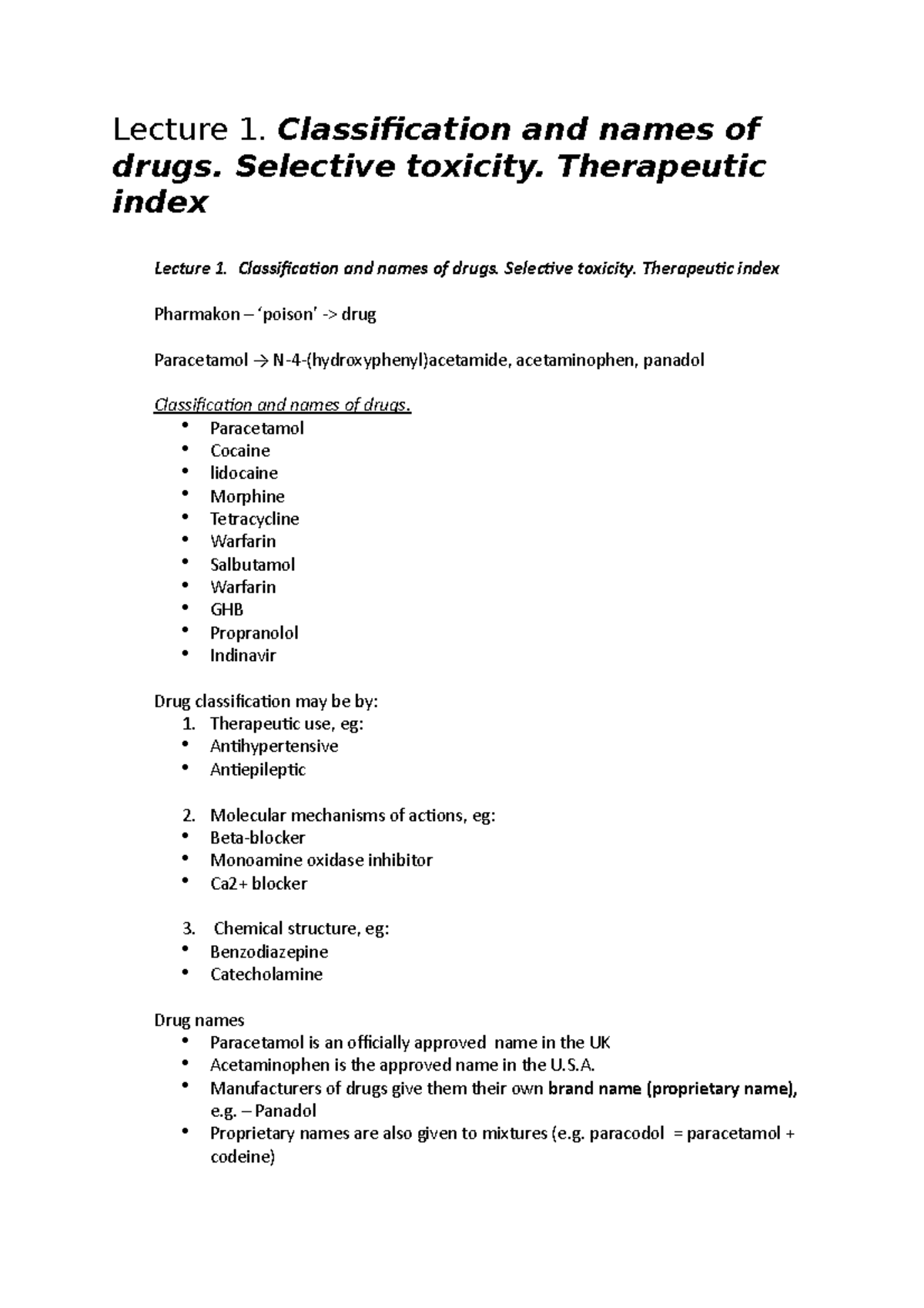 Lecture 1 - Lecture 1. Classification and names of drugs. Selective ...