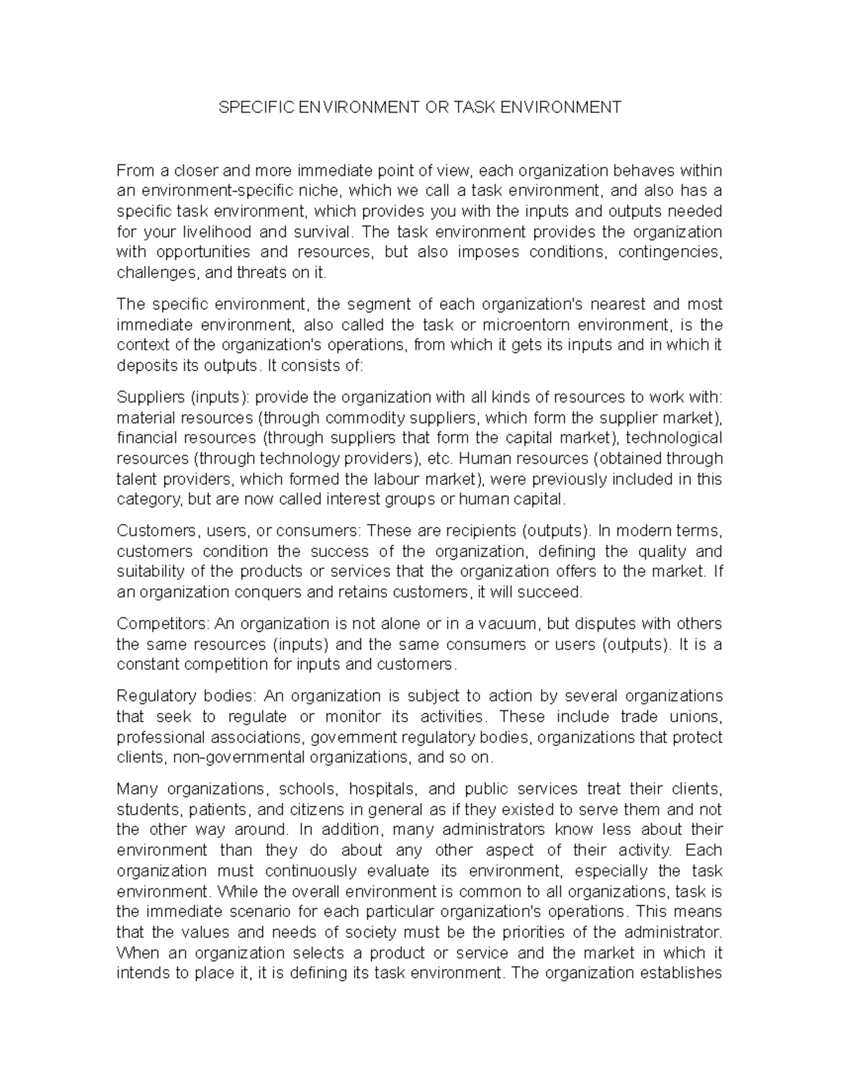 SPECIFIC ENVIRONMENT OR TASK ENVIRONMENT - The task environment ...