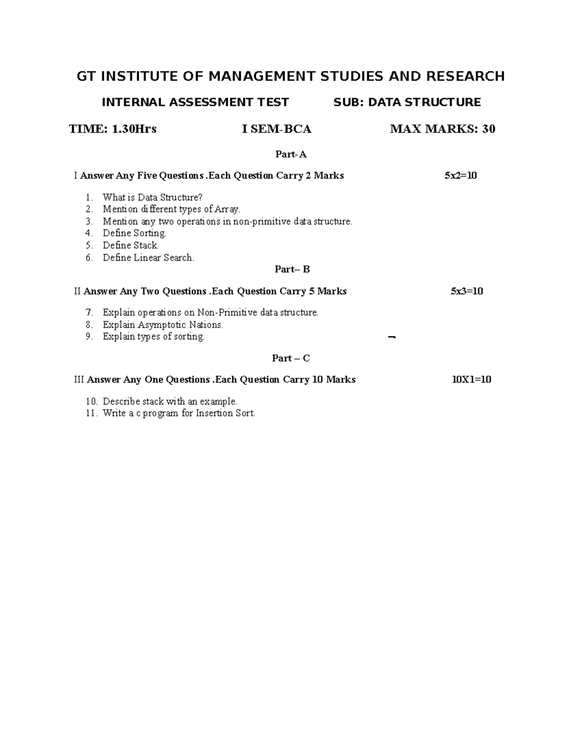 DS Question Paper - Notes - GT INSTITUTE OF MANAGEMENT STUDIES AND ...