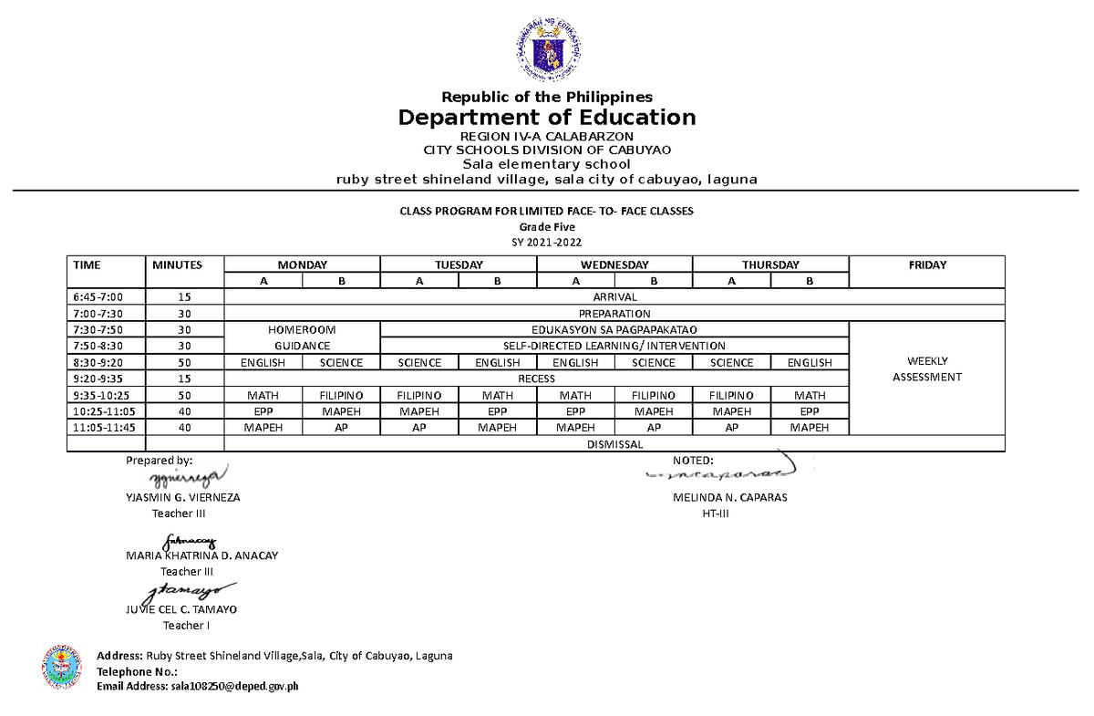 Class-Program-F2F-Grade-Five - Republic of the Philippines Department ...