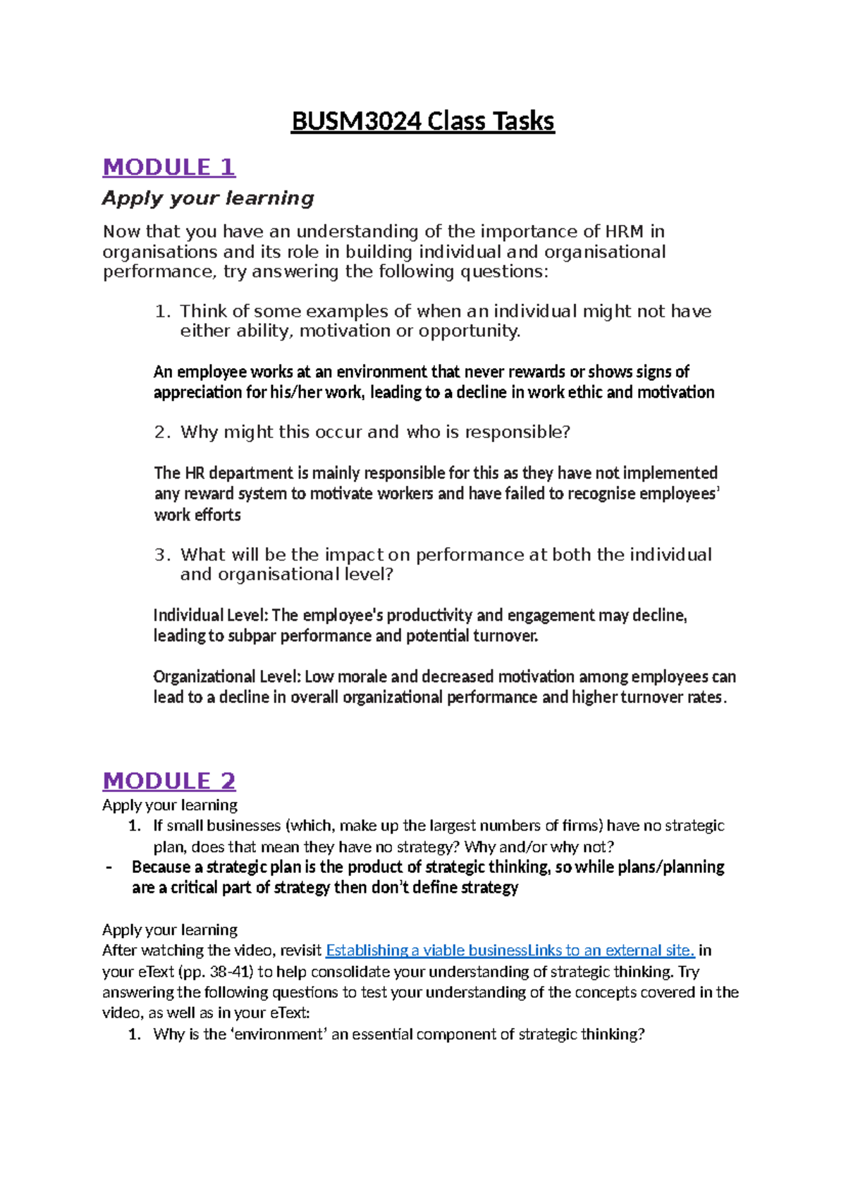 BUSM3024 Class Tasks - BUSM3024 Class Tasks MODULE 1 Apply your ...