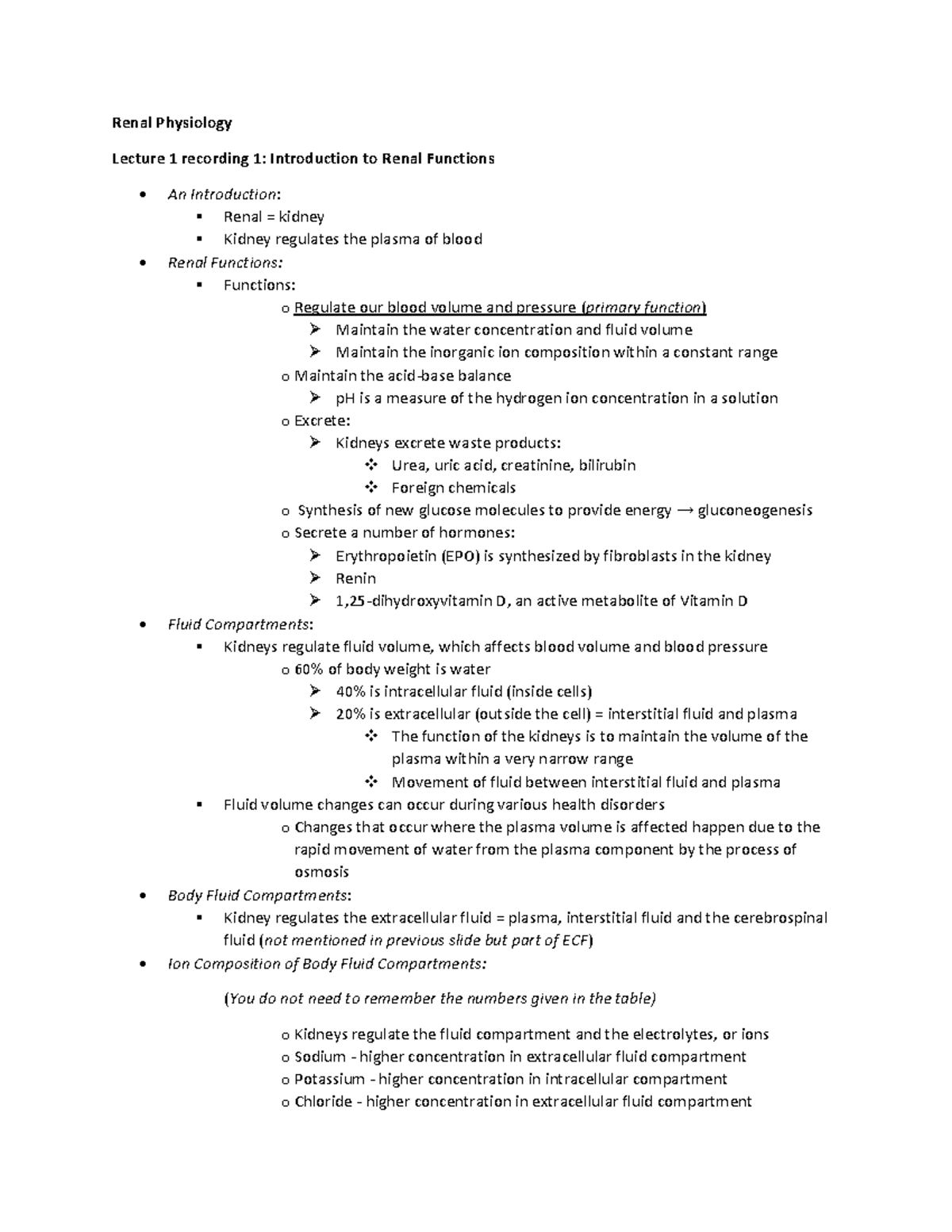 Study Notes - Renal Physiology - Renal Physiology Lecture 1 recording 1 ...