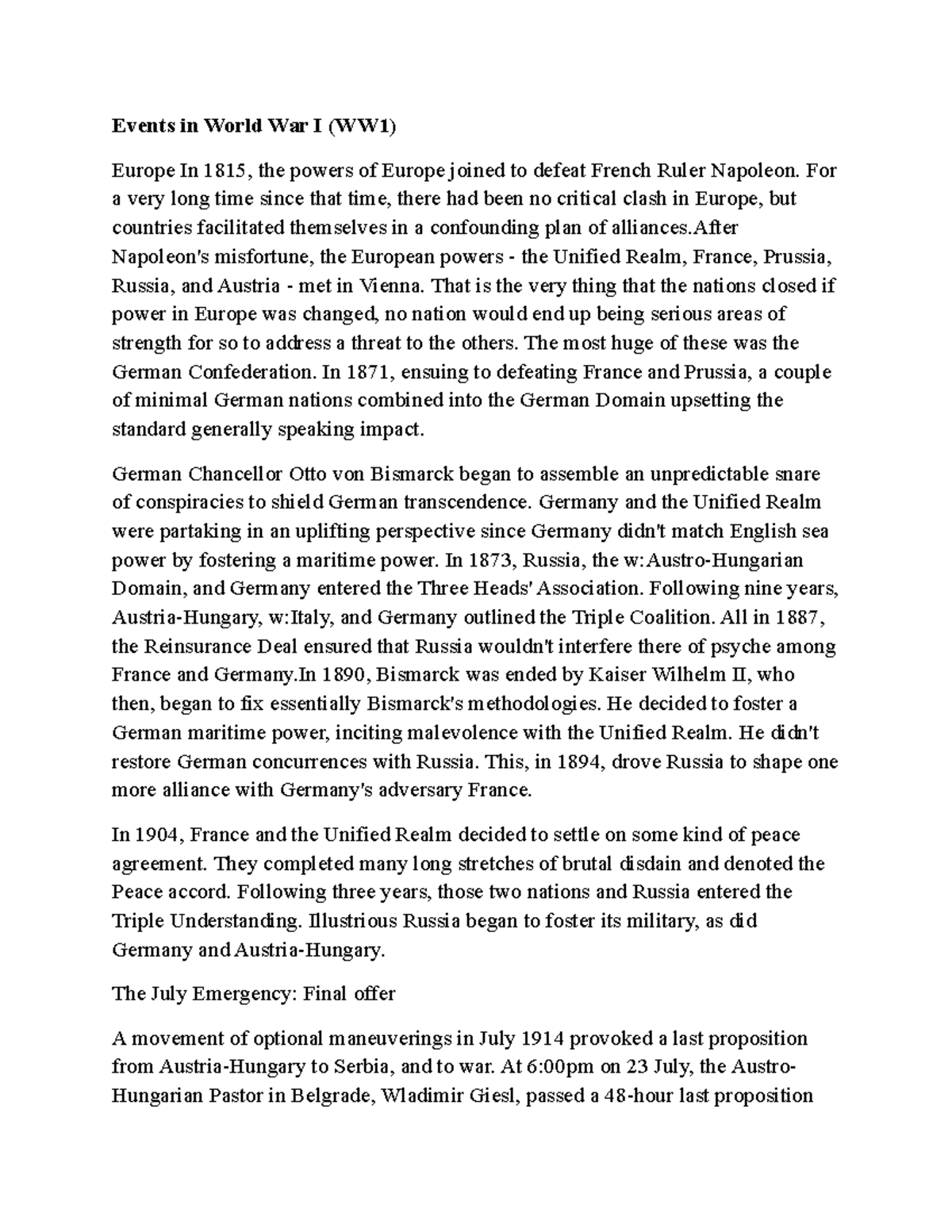 Europe and events in World War I(WW1) - Events in World War I (WW1 ...