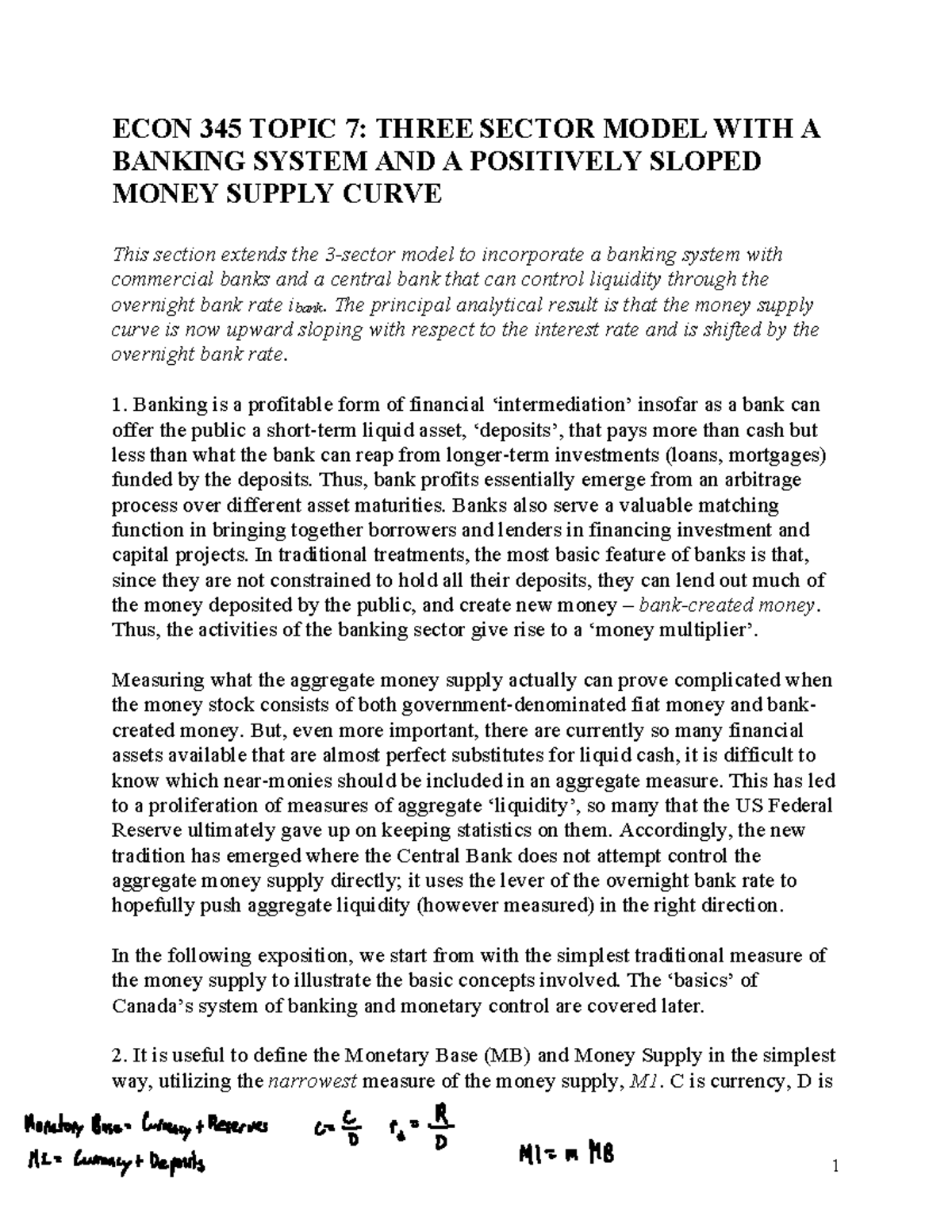 Three Sector Model WITH Banking System - 1 ECON 345 TOPIC 7: THREE ...