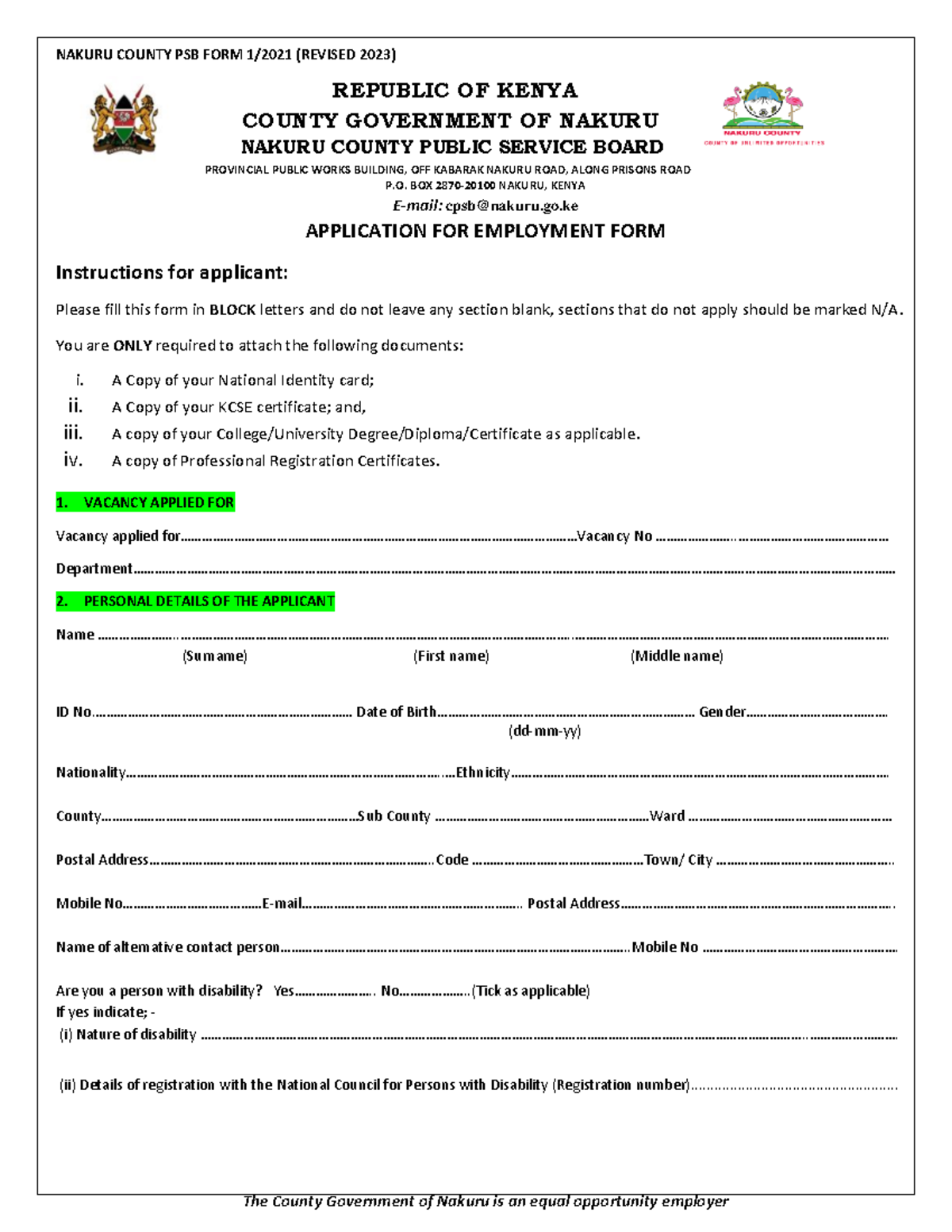 Employment- Application-FORM-1 - The County Government of Nakuru is an ...