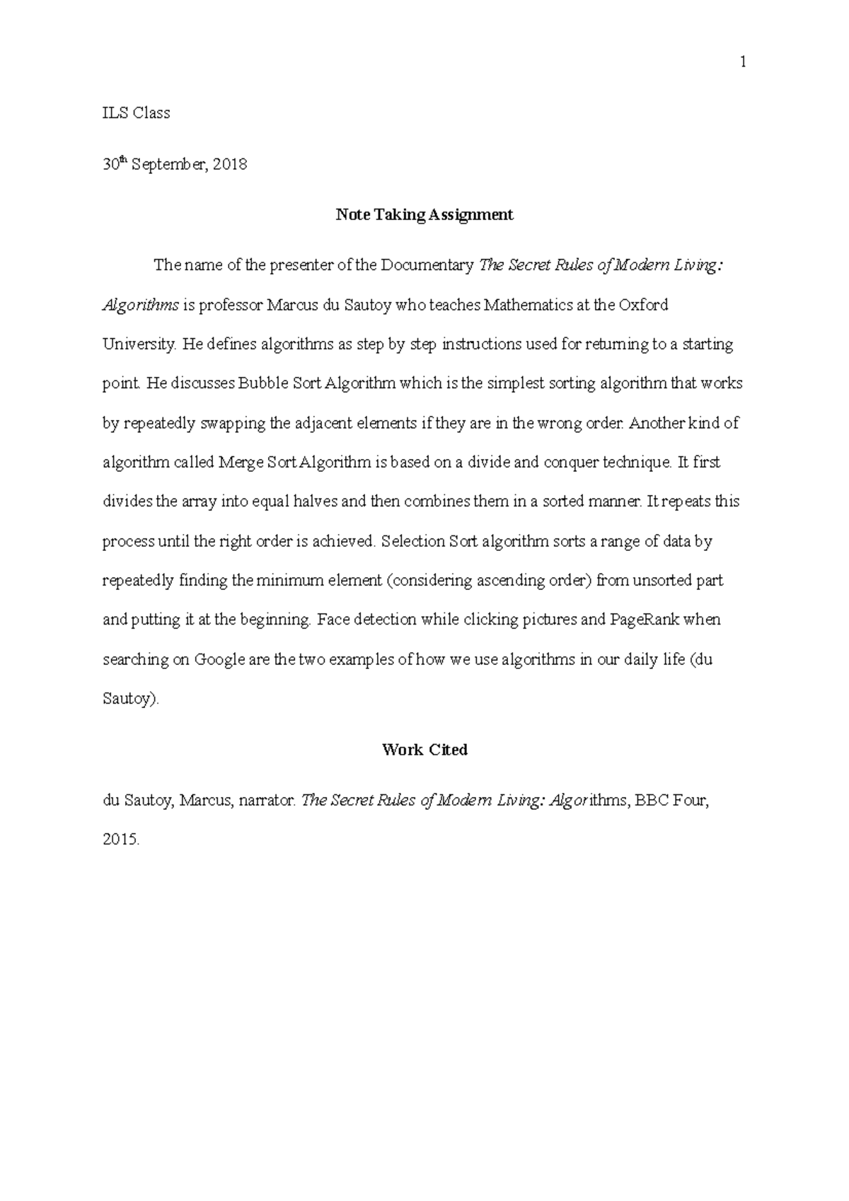 Note Taking Assignment - 1 ILS Class 30th September, 2018 Note Taking ...