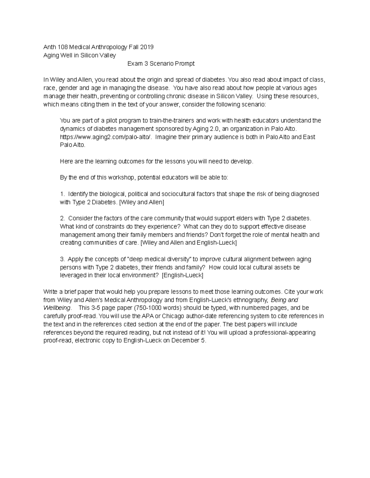 Exam 3 Scenario Prompt - Exam details - Anth 108 Medical Anthropology ...