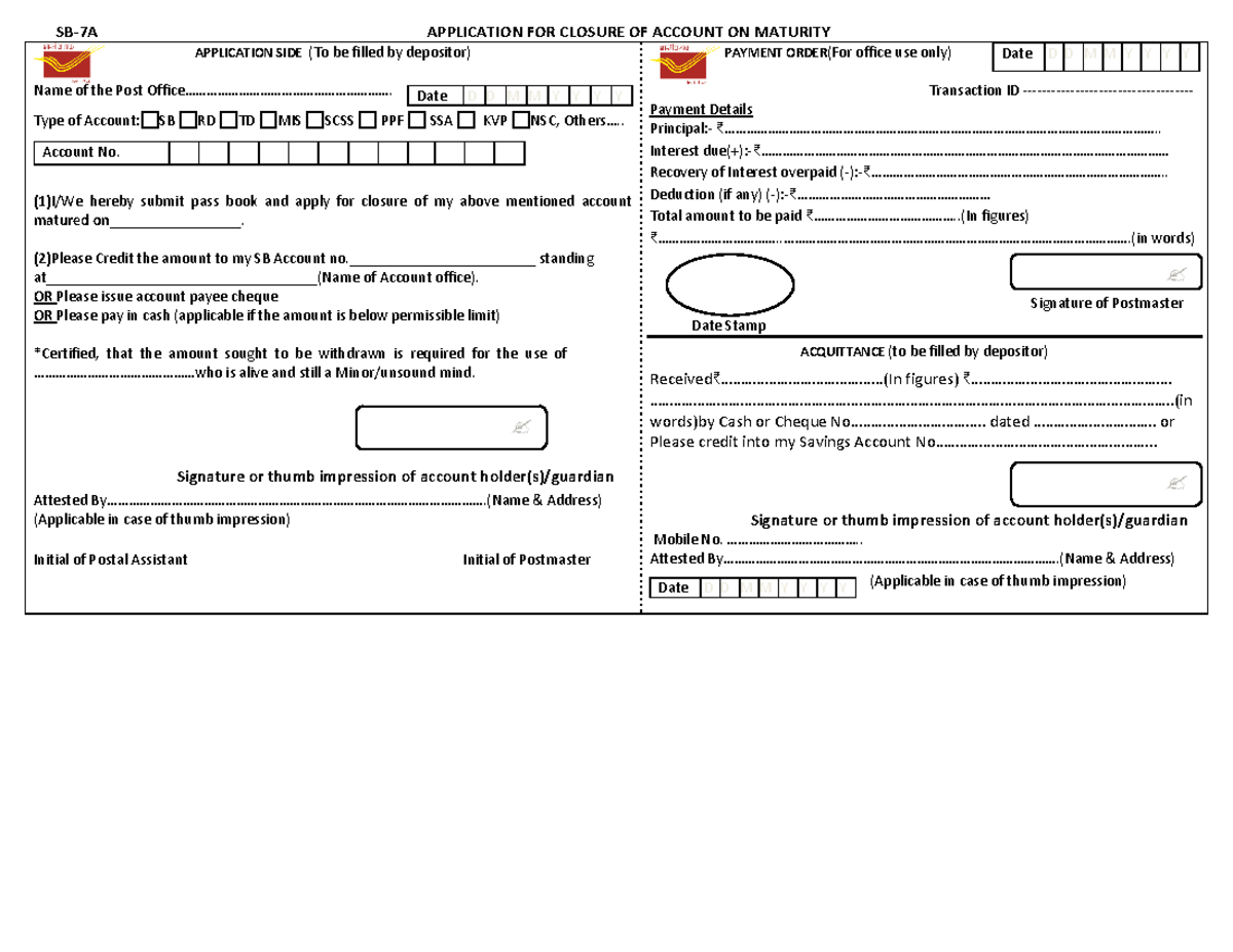 Closure - SB-7A APPLICATION FOR CLOSURE OF ACCOUNT ON MATURITY ...