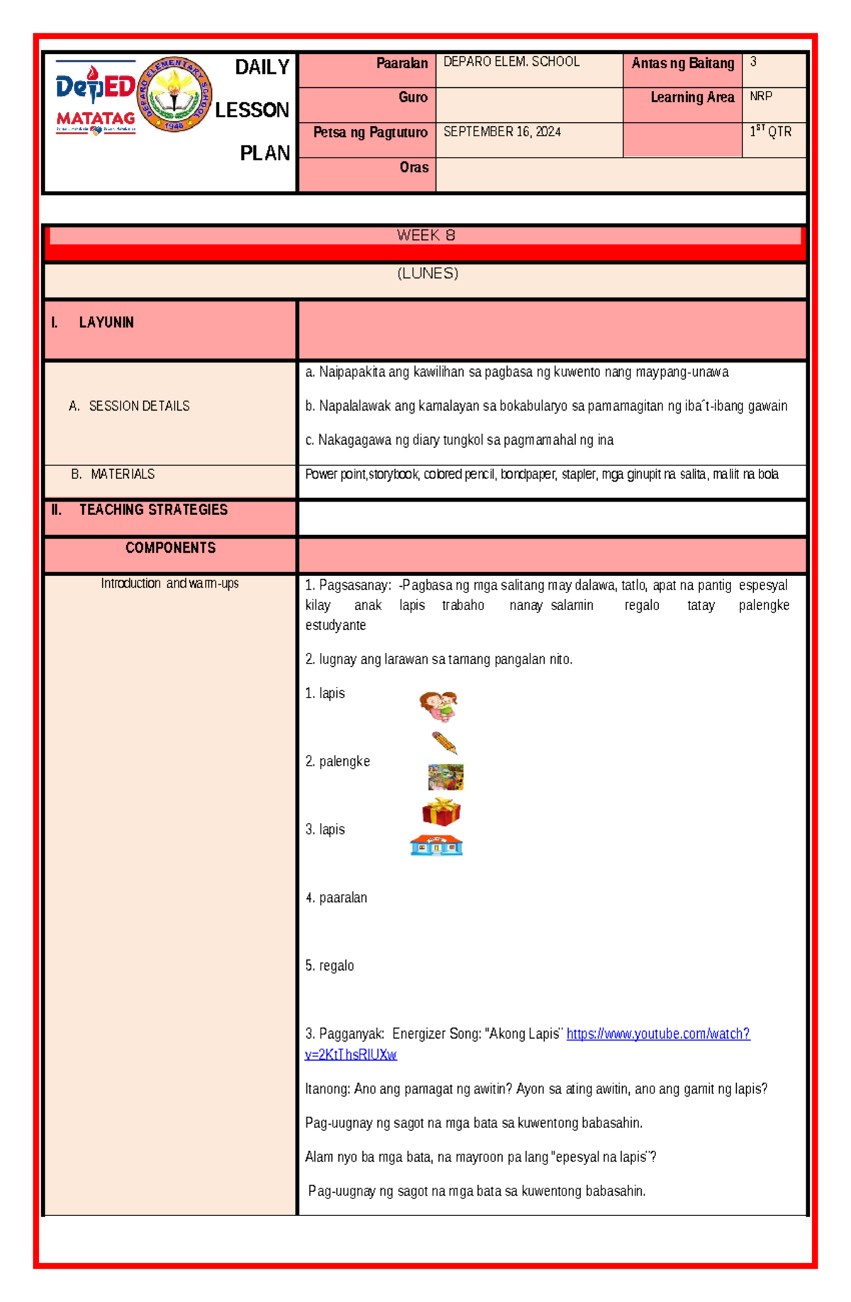 NRP-Q1-W8-D1-SEPT.16 ok - DAILY LESSON PLAN Paaralan DEPARO ELEM ...