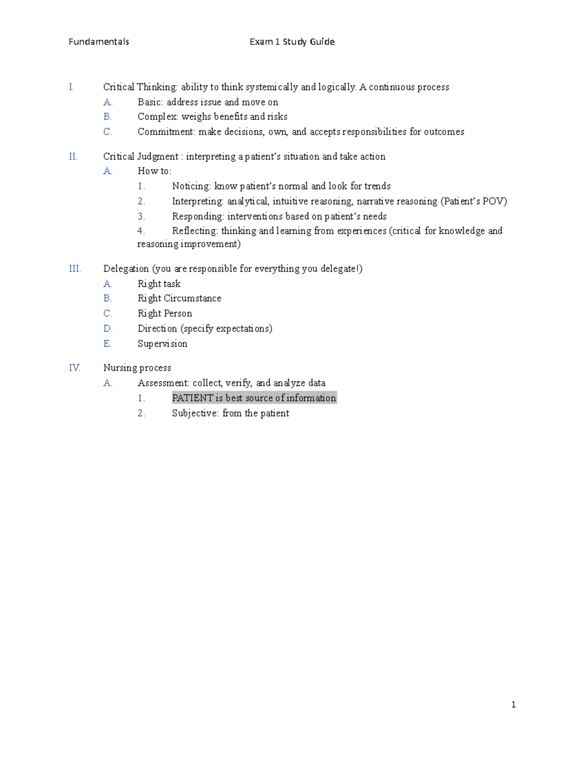 Exam 1 Study Guide - I. Critical Thinking: ability to think ...