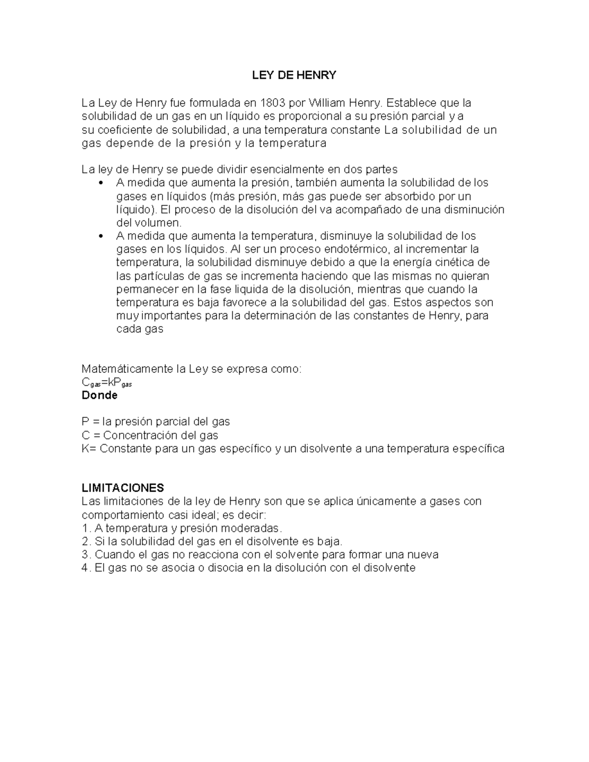 LEY DE Henry - notas - LEY DE HENRY La Ley de Henry fue formulada en ...