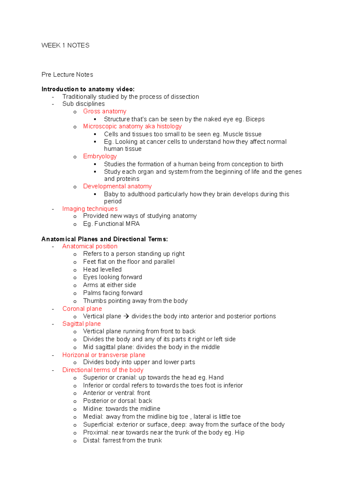WEEK 1 Notes - WEEK 1 NOTES Pre Lecture Notes Introduction to anatomy ...