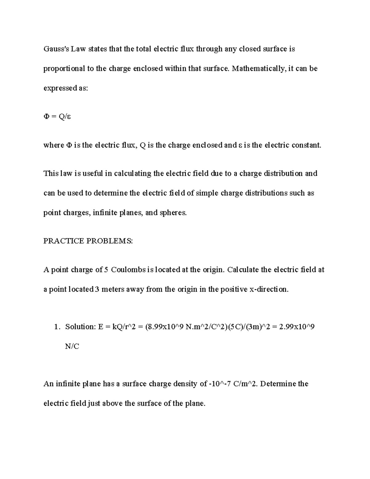 Guass's Law Notes and Practice Problems - Gauss's Law states that the ...