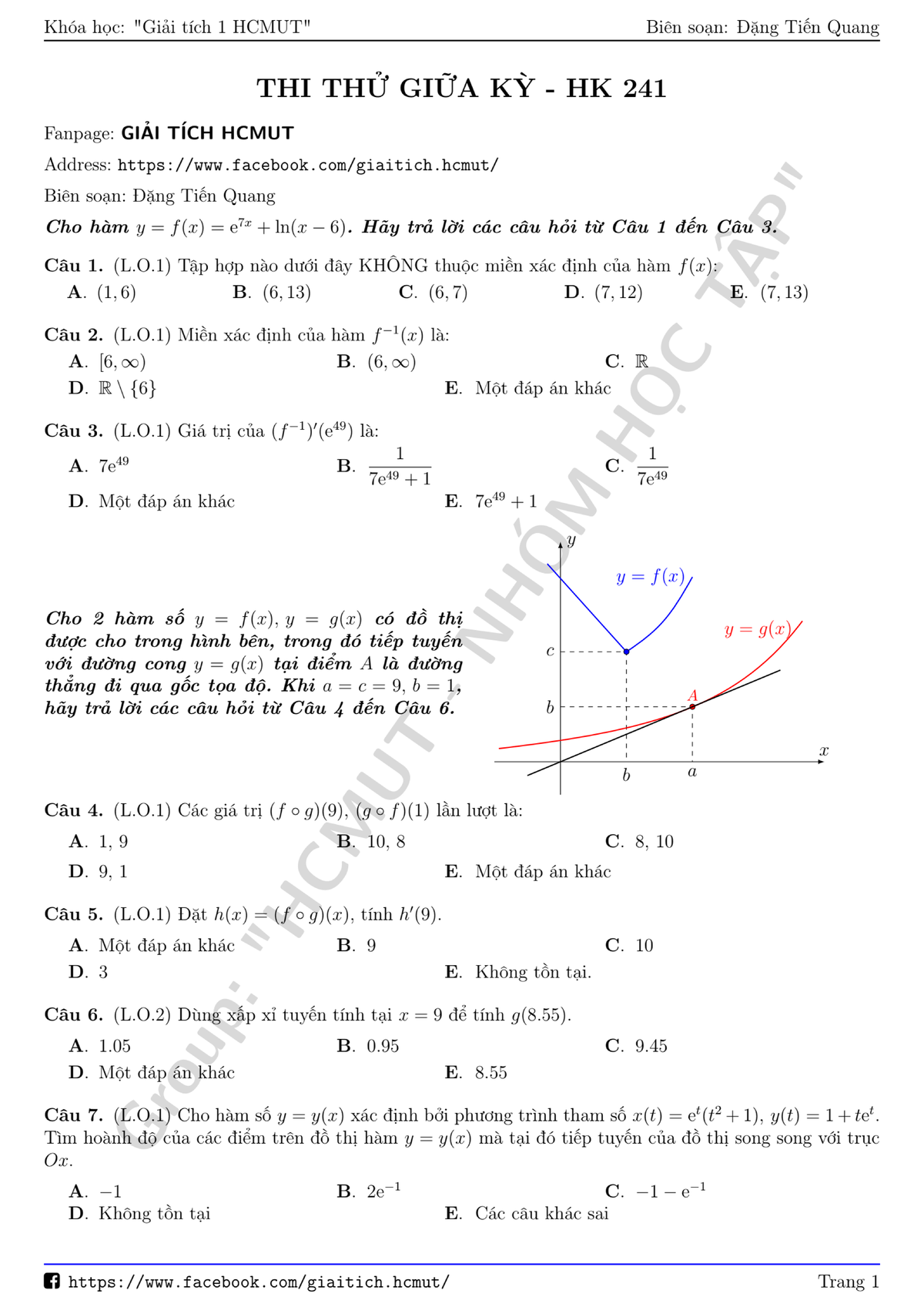 Giải tích 1 - Thi thử GK 241. pdf - Khóa hoc: tích 1 Bien soan: Dang Tién Quang THI THU GIÜA KY ...