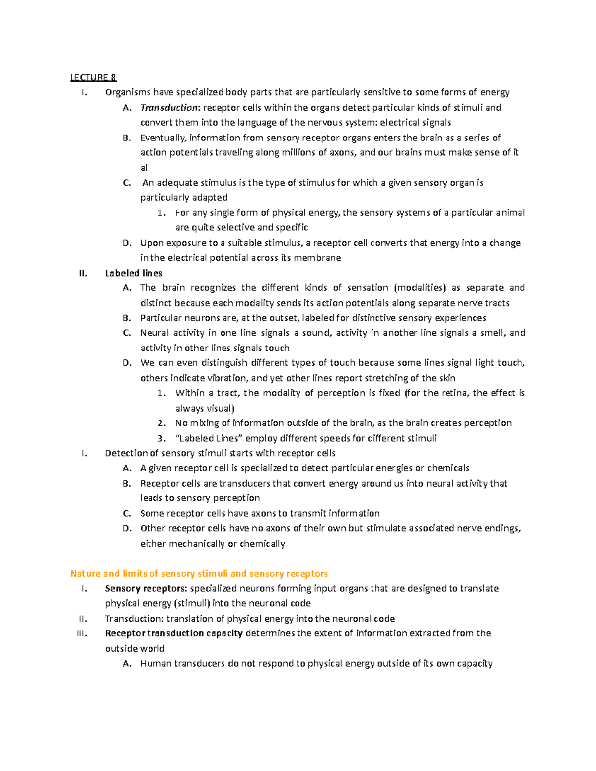 Psych 230 EXAM 2 - Dr Sarter exam 2 notes - LECTURE 8 I. Organisms have ...