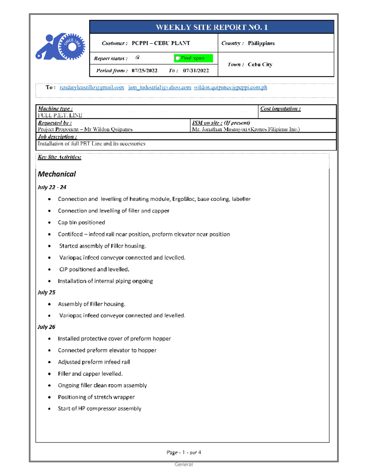 Weekly Report 001 - job completion - Page - 1 - sur 4 General WEEKLY ...
