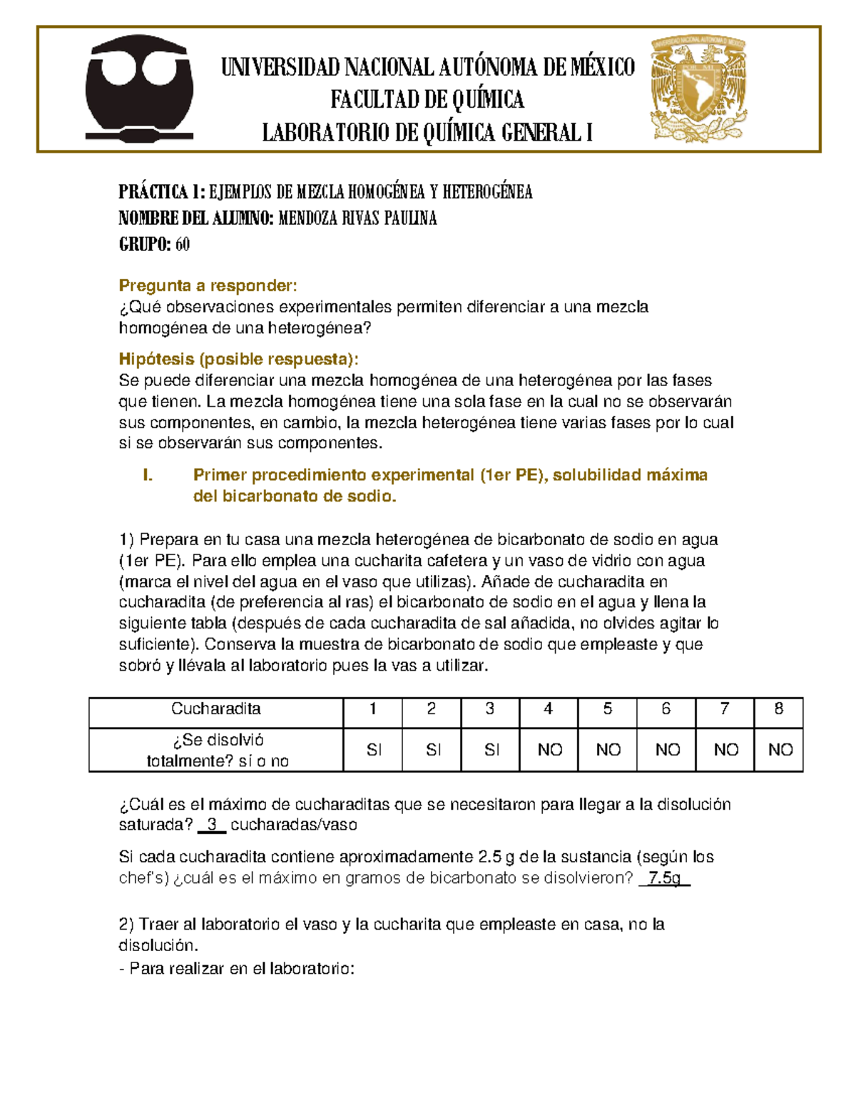 Práctica 1 Ejemplos de mezcla homogénea y heterogénea - FACULTAD DE ...