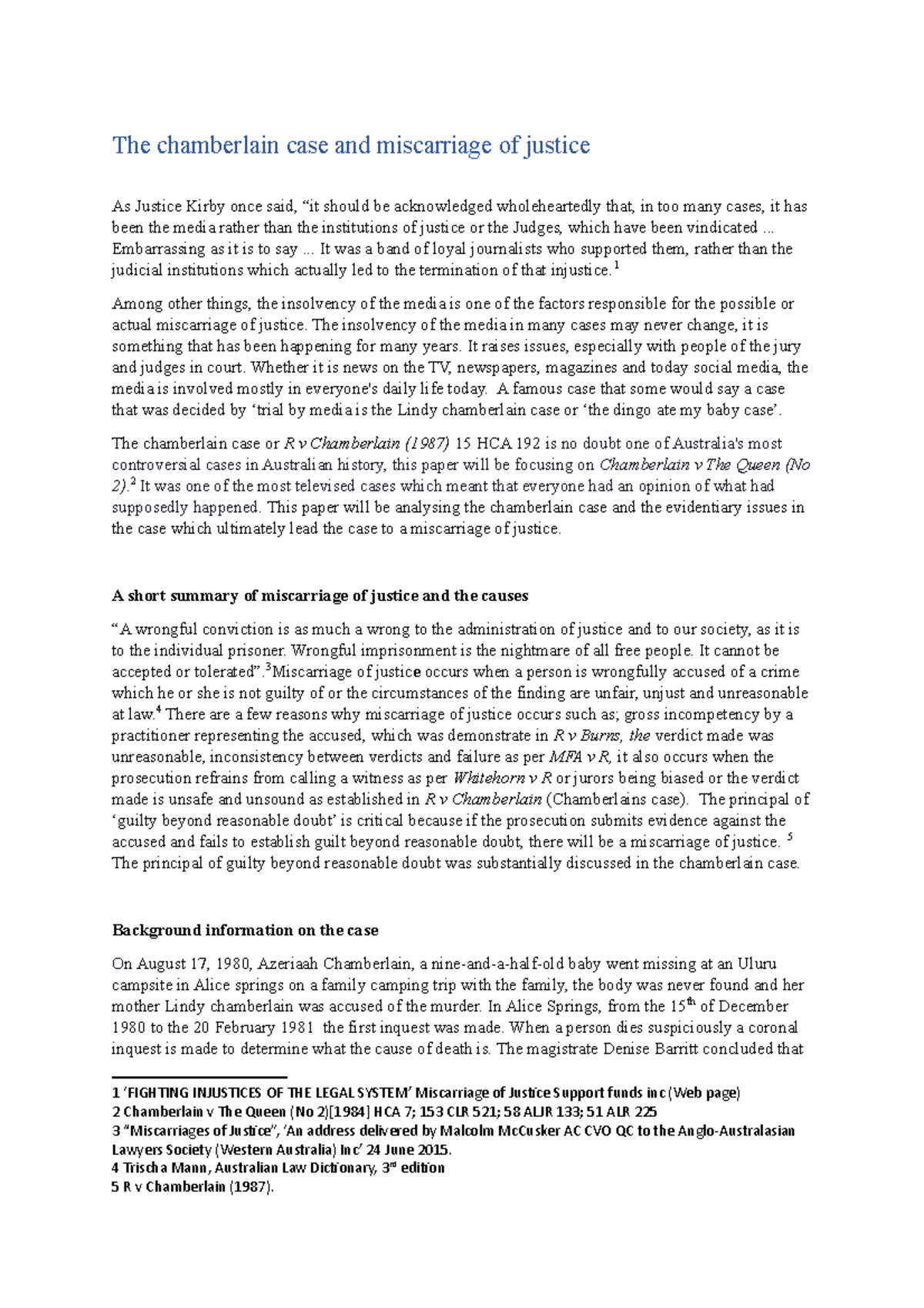 Evidence research paper - The chamberlain case and miscarriage of ...