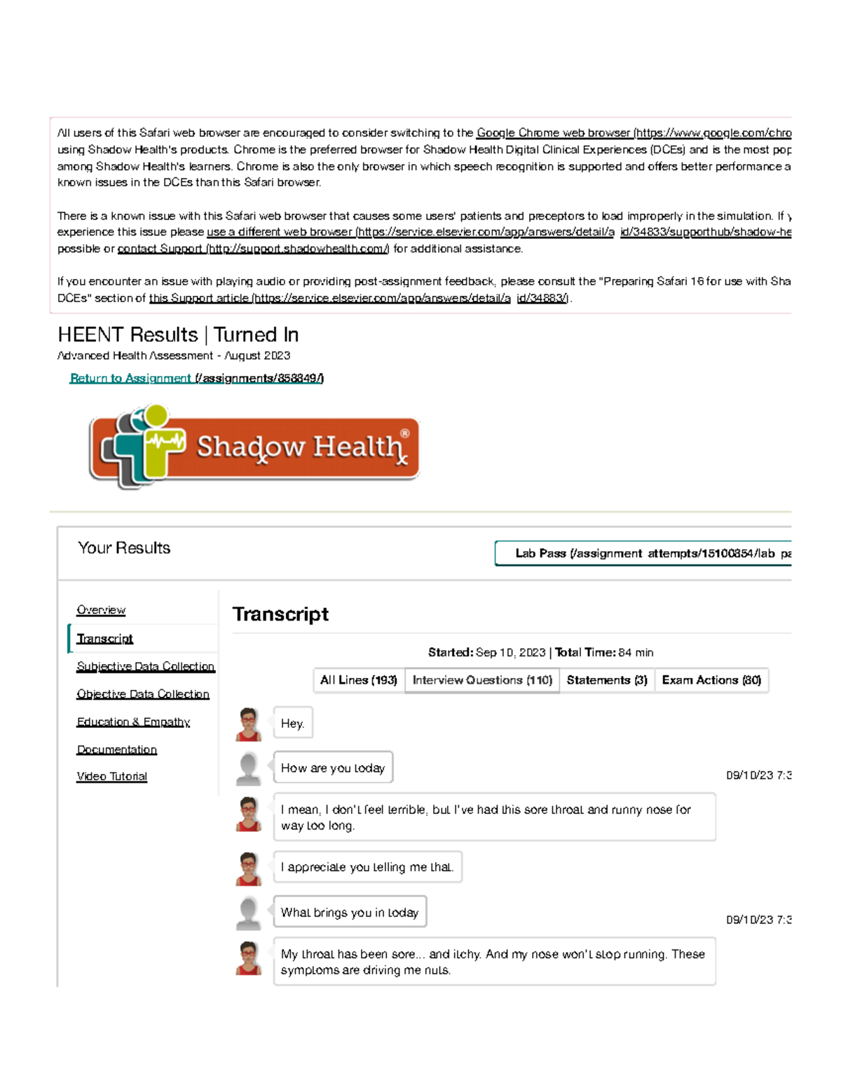 Transcript -Shadow Health HEENT - HEENT Results | Turned In Advanced ...