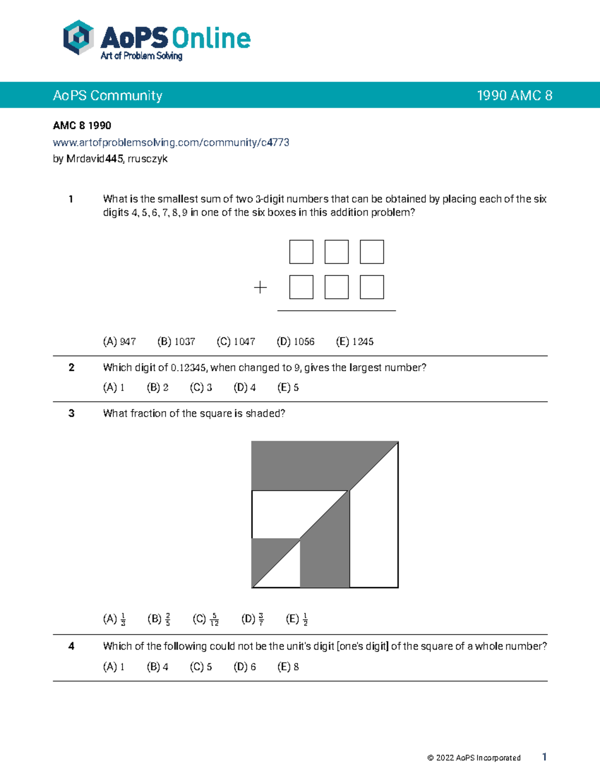 1990 - notes for mathematics - AMC 8 1990 artofproblemsolving/community ...