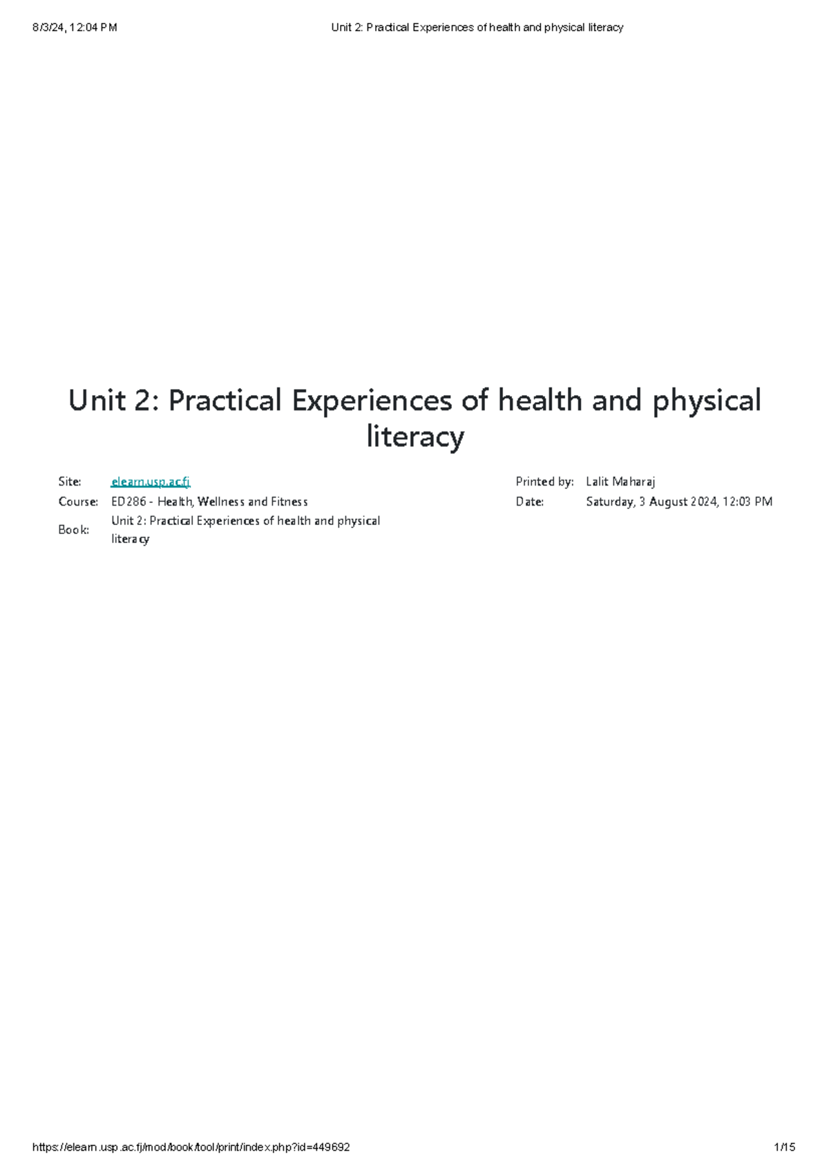 Unit 2 Practical Experiences of health and physical literacy - usp.ac ...