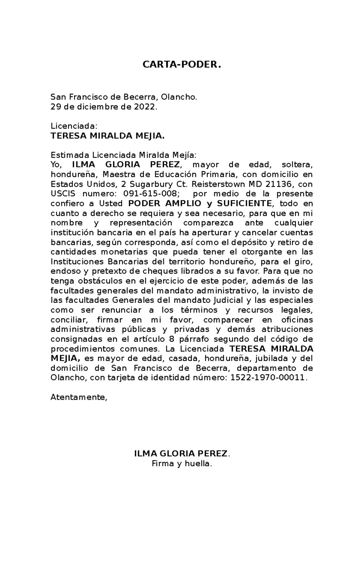 Carta- Poder - CARTA-PODER. San Francisco de Becerra, Olancho. 29 de ...